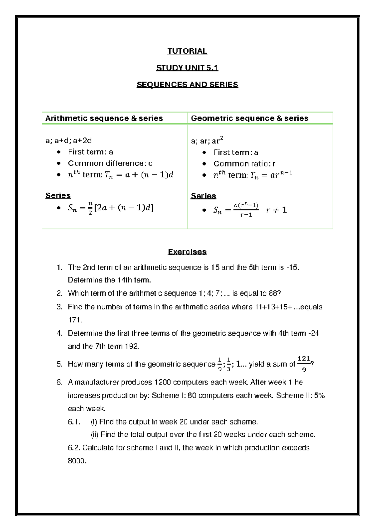 MTHS 129 Tutorial - TUTORIAL STUDY UNIT 5. SEQUENCES AND SERIES ...