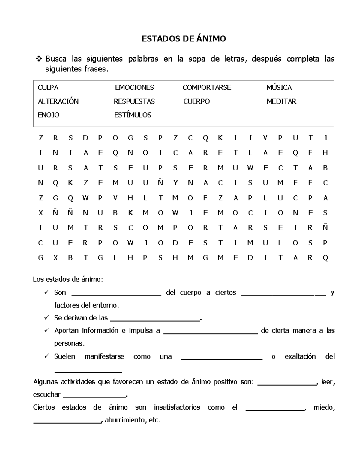 Sopa de Letras: Estados de Ánimo y Emociones - Resumen - Studocu