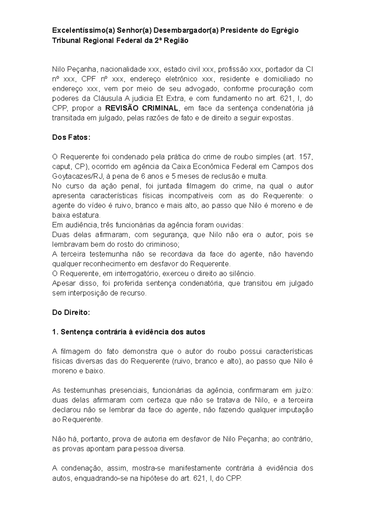 Revisão Criminal - Modelo de Petição para CPP Art. 621, I - Studocu