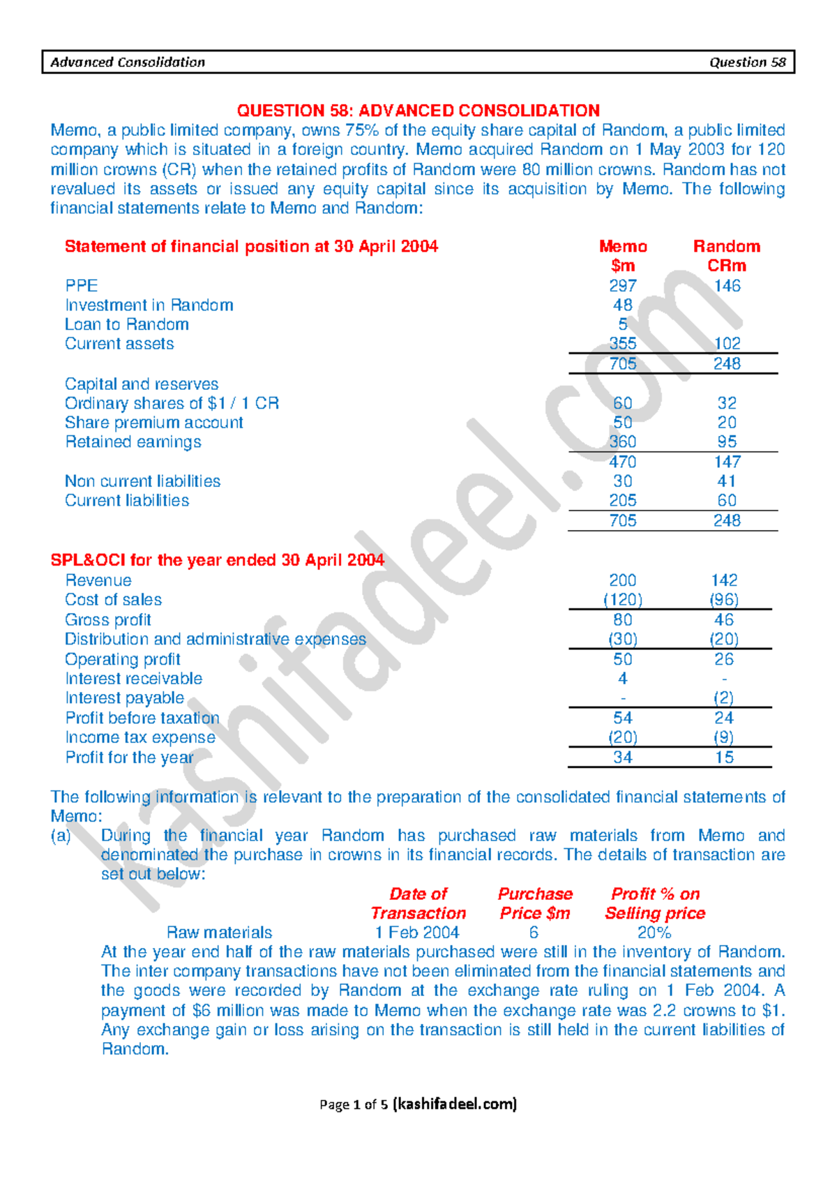 Consolidation Case Study - ACCA P2 June 2004 - Q58 Analysis - Studocu