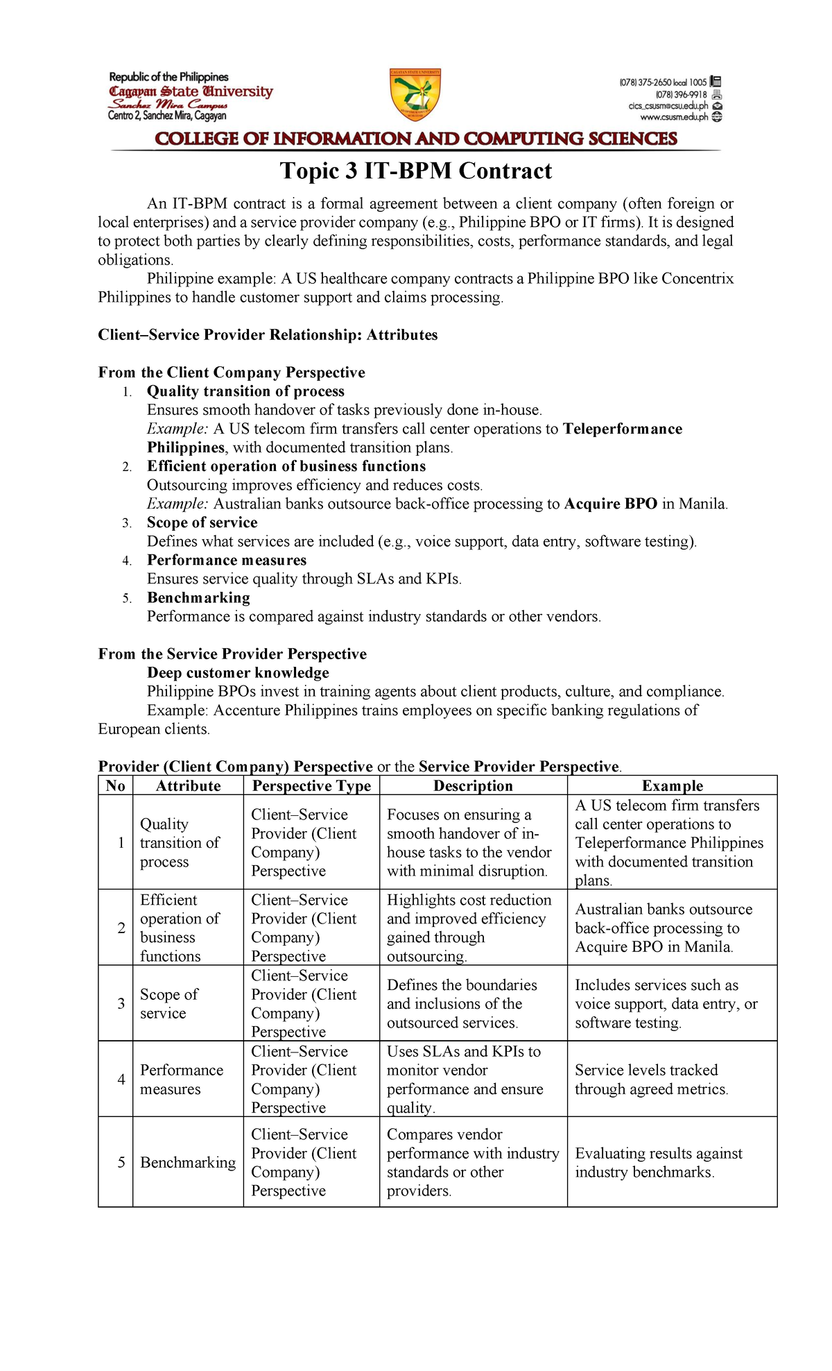 Topic 3 IT BPM Engagement: Contracts, MSAs, and BOI Insights - Studocu
