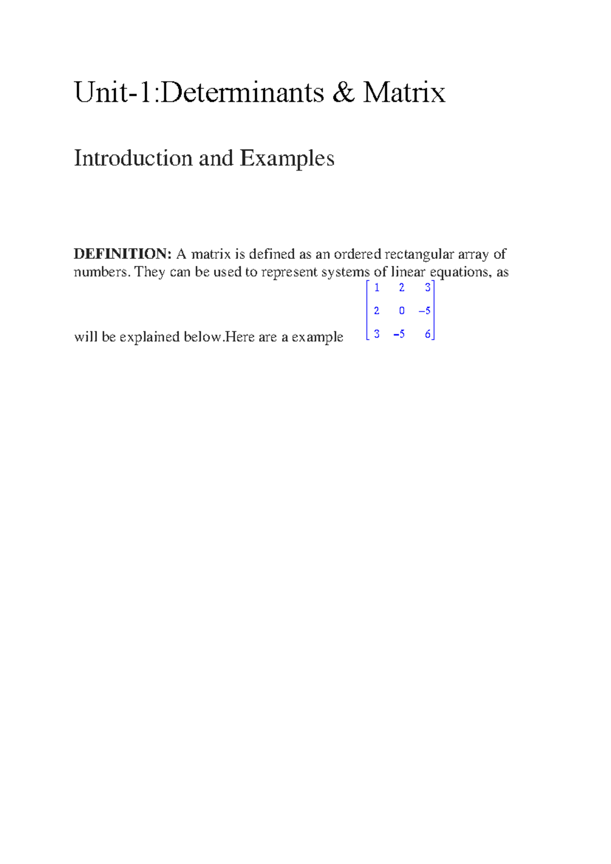 BCA 606427861 1st Sem MATH Unit 1 Notes: Determinants & Matrices - Studocu