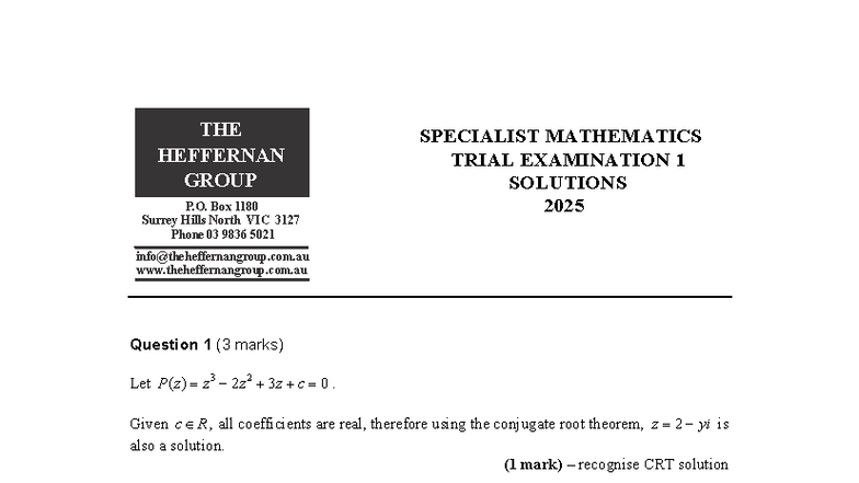 2025 Specialist Mathematics Units 3 & 4 Trial Exam 1 Solutions - Studocu