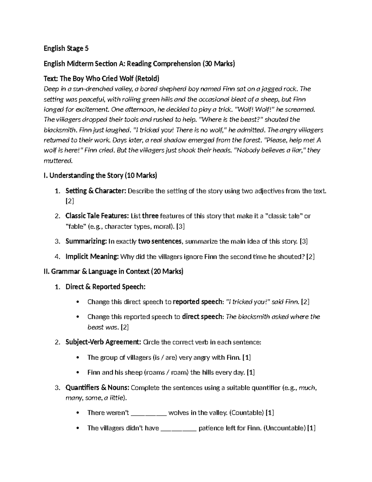 English Stage 5 Midterm Exam: Reading Comprehension & Grammar - Studocu