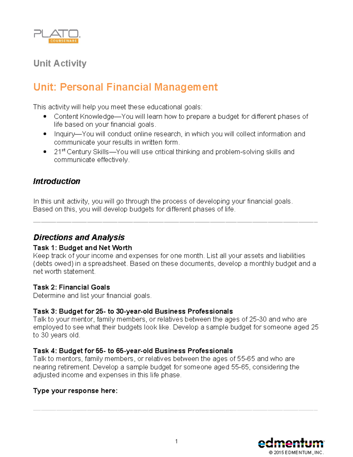 Personal Financial Management Unit Activity: Budgeting for Life Phases ...