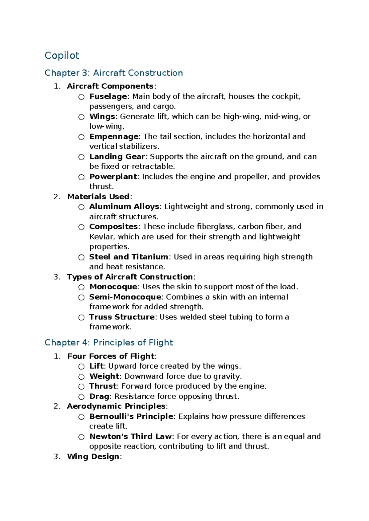 PHAK Notes: Chapters 3-5 - Aircraft Construction, Flight Principles ...