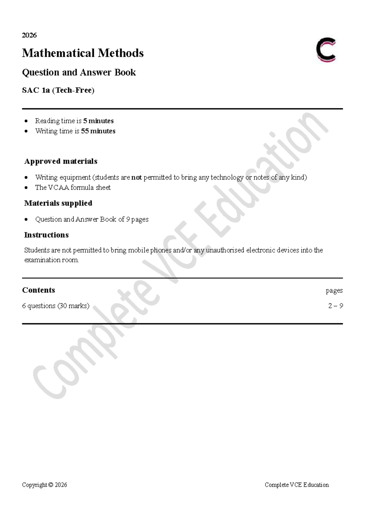 U3 MM SAC 1a Revision Guide for Mathematical Methods Units 1 & 2 - Studocu