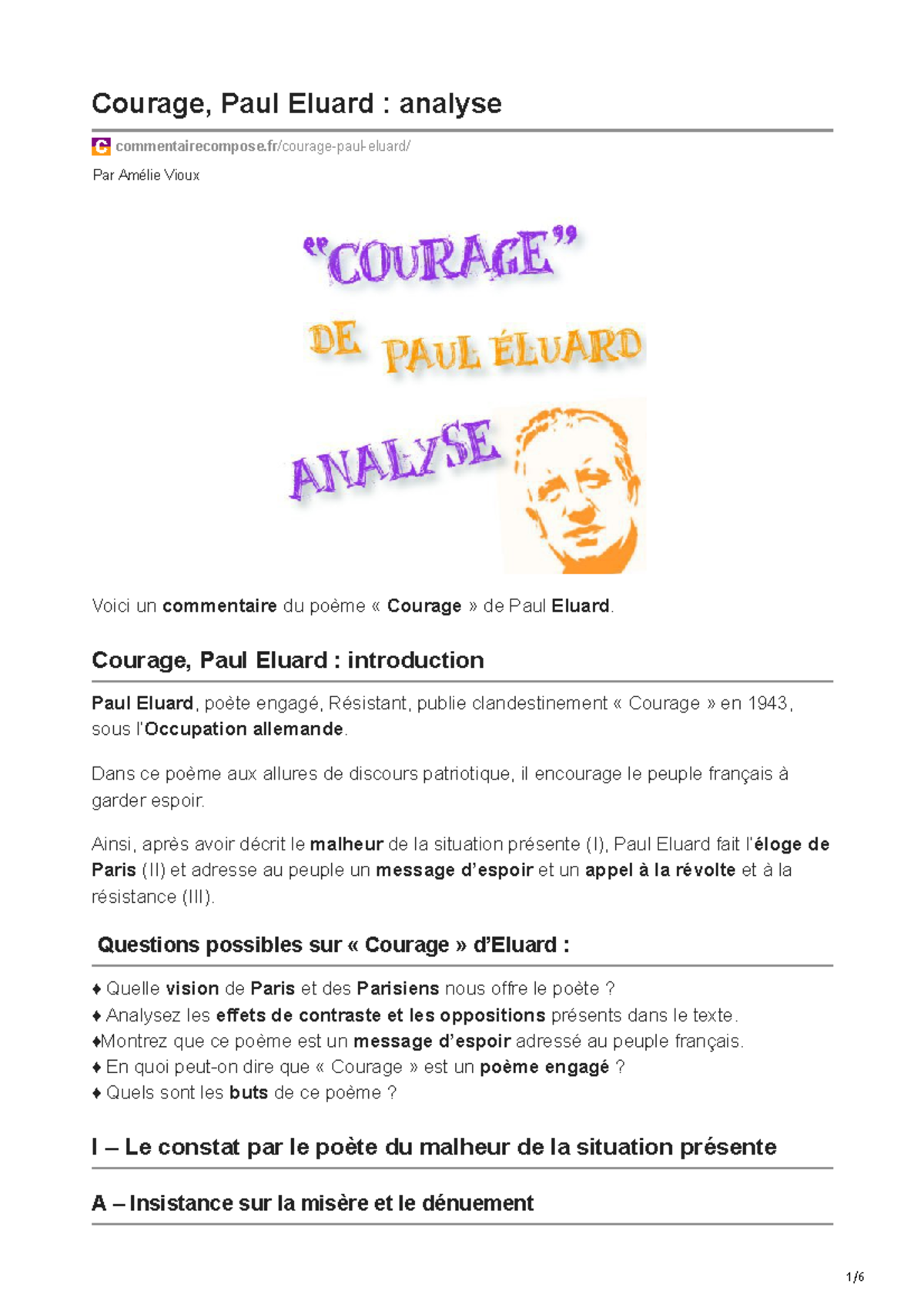 Analyse du Poème "Courage" de Paul Eluard - FREN 101 Lecture Notes ...