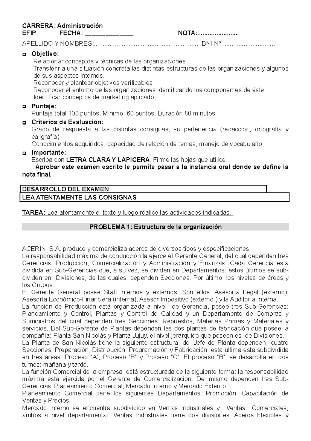 EFIP I - Modelo de Examen - CARRERA: Administración EFIP FECHA ...