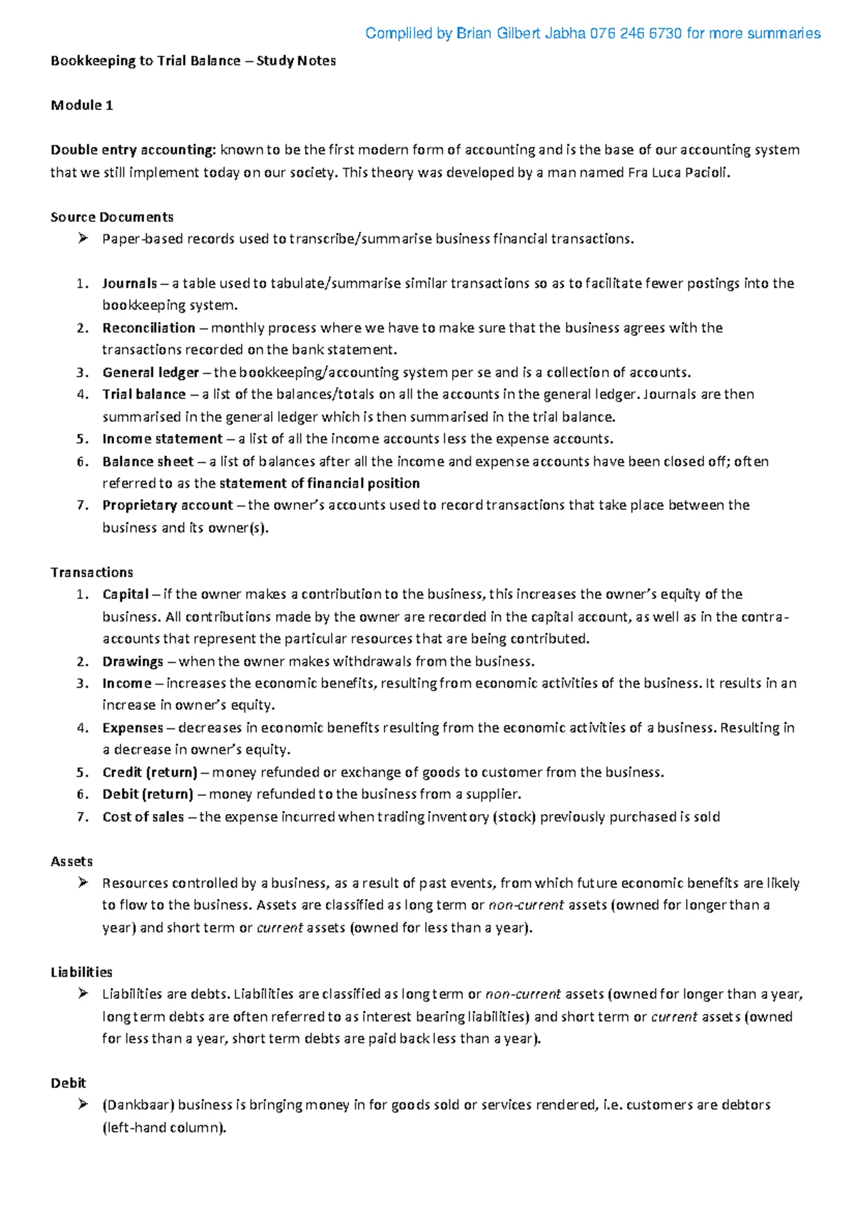 Bookkeeping to Trial Balance - Study Notes copy - Bookkeeping to Trial ...