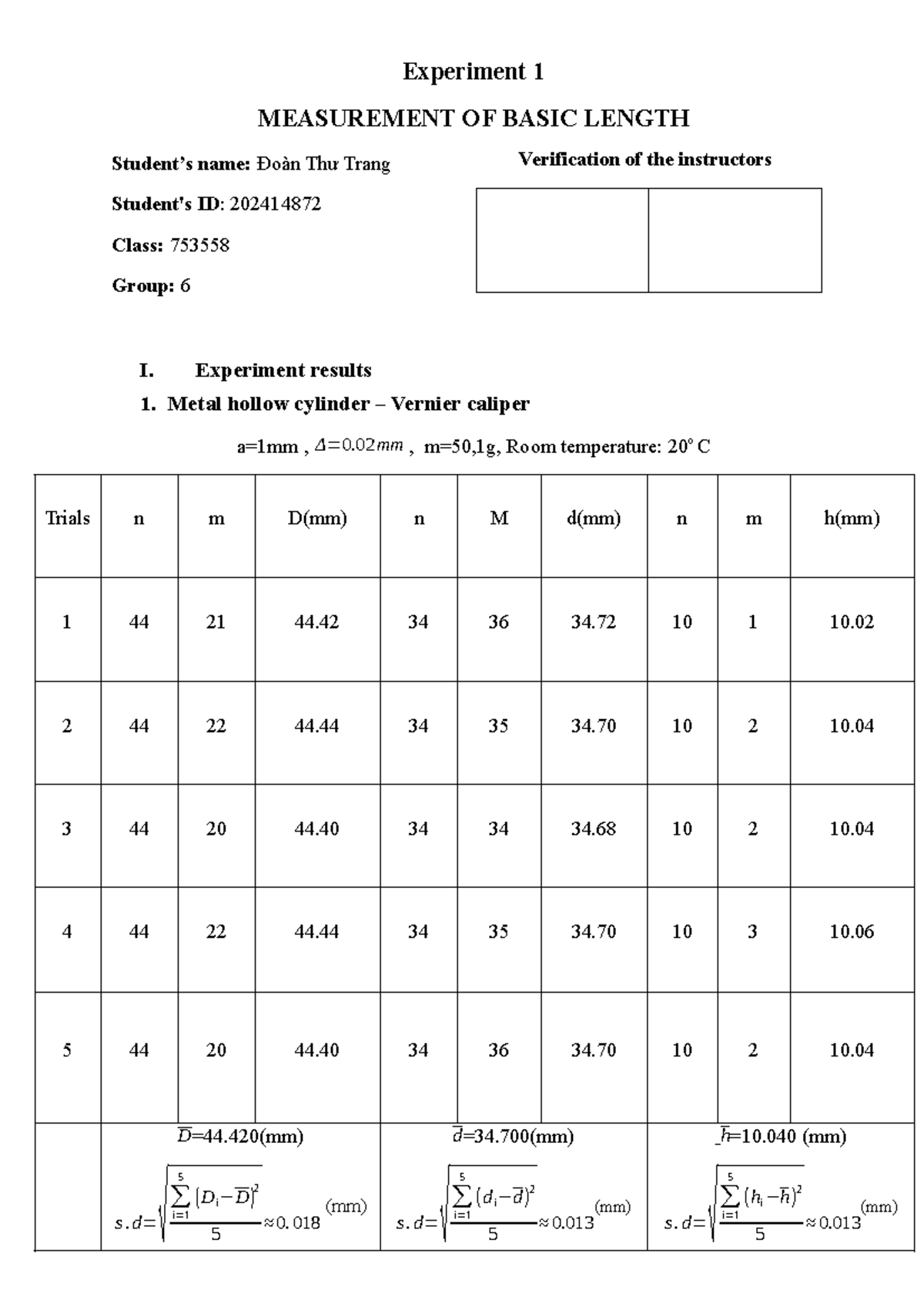Experiment 1: Measurement of Basic Length (Course Code: Tnvl 1) - Studocu