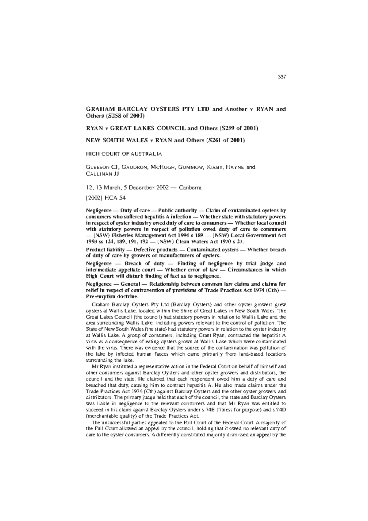 Graham Barclay Oysters Pty Ltd v Ryan: High Court Negligence Case ...