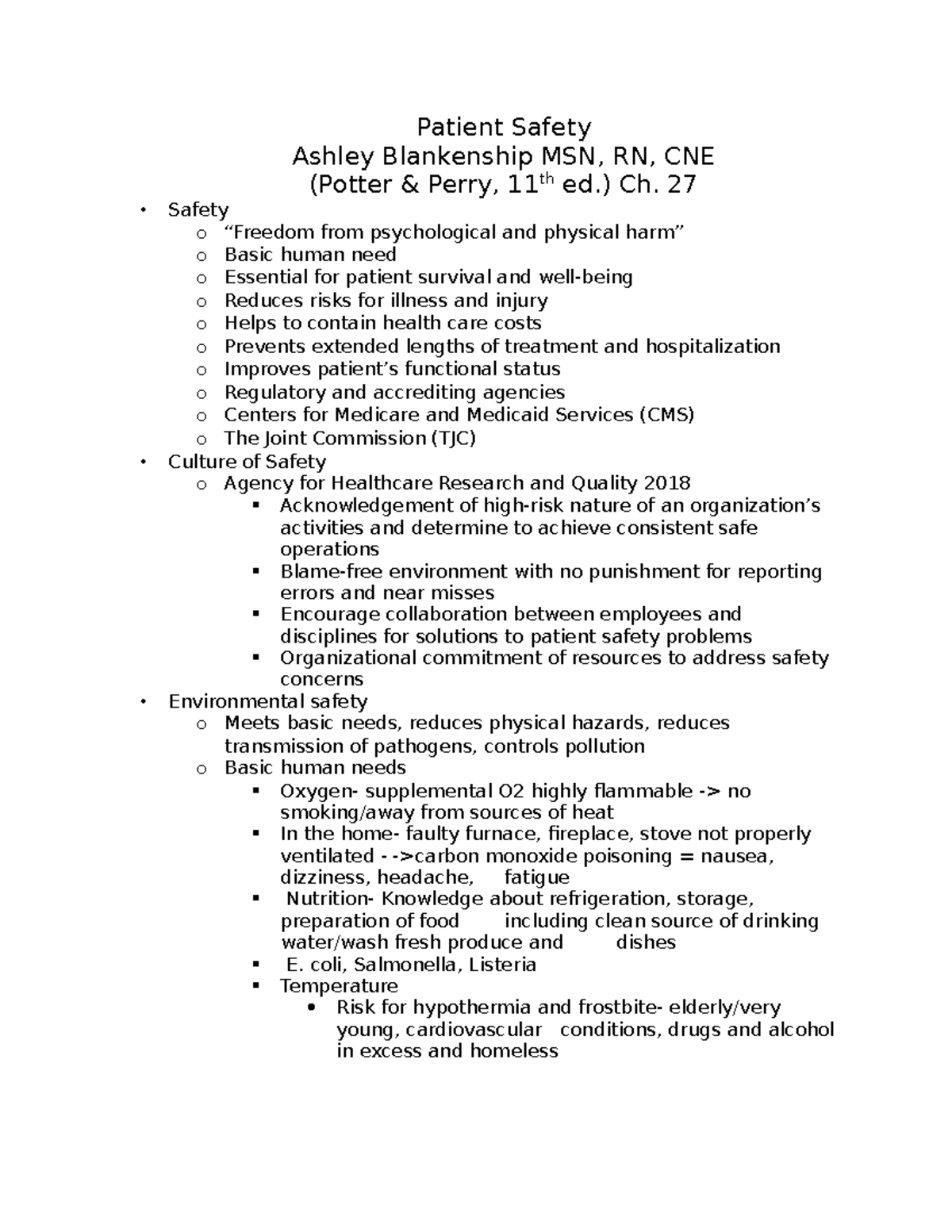 Patient Safety Lecture Notes - Patient Safety Ashley Blankenship MSN ...