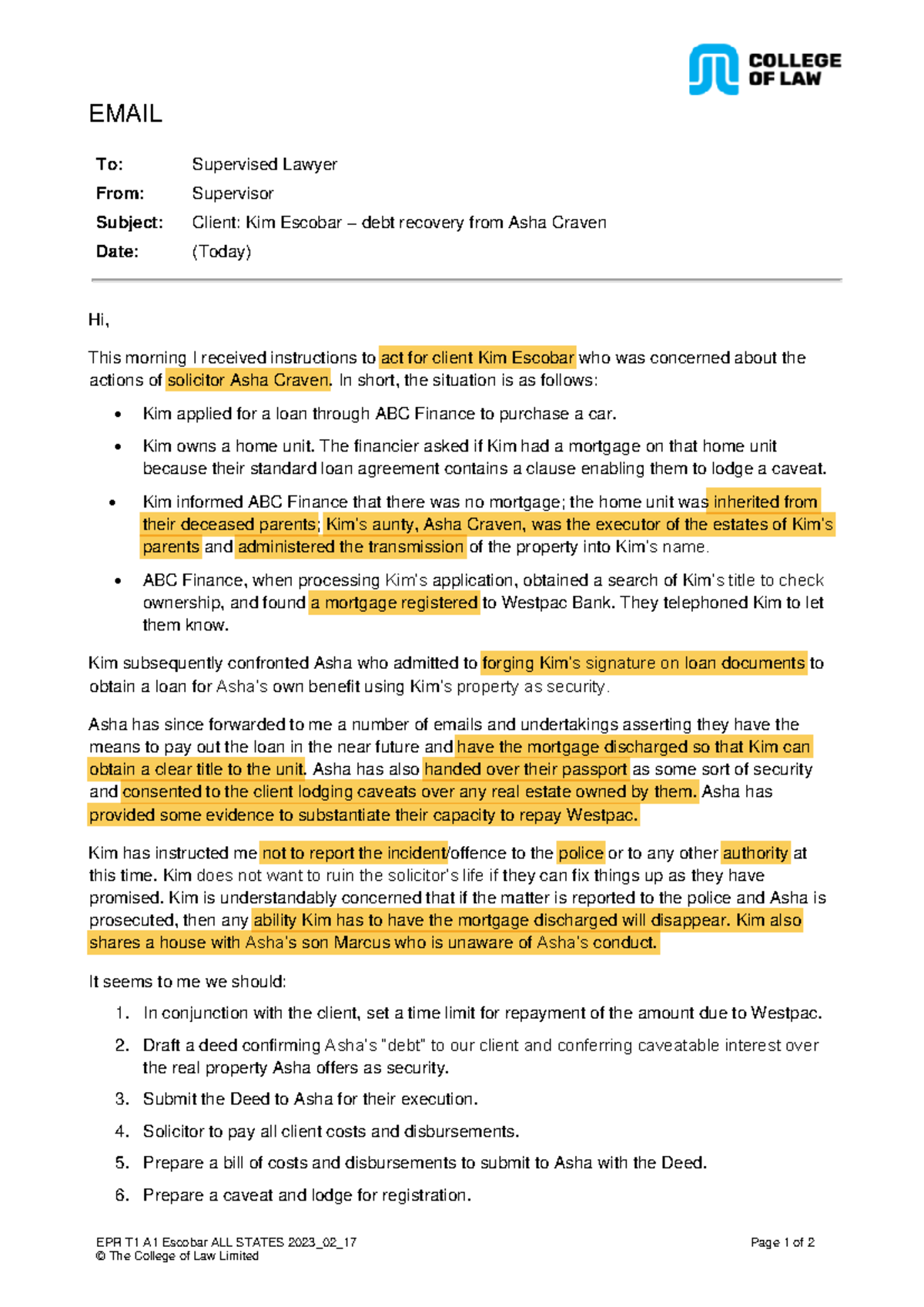 EPR T1 A1 Email Notes on Kim Escobar's Debt Recovery Case - Studocu