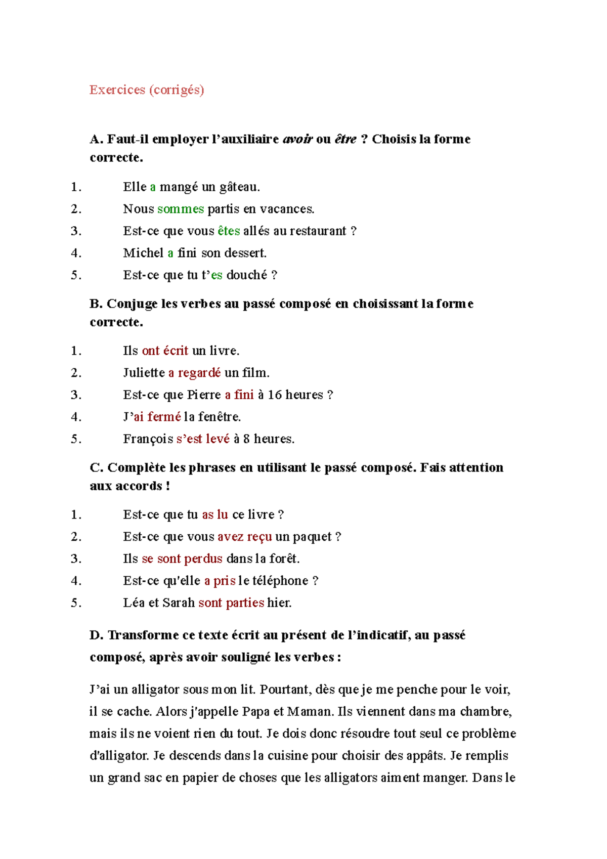 Exercices Corrigés sur le Passé Composé en Français - Studocu