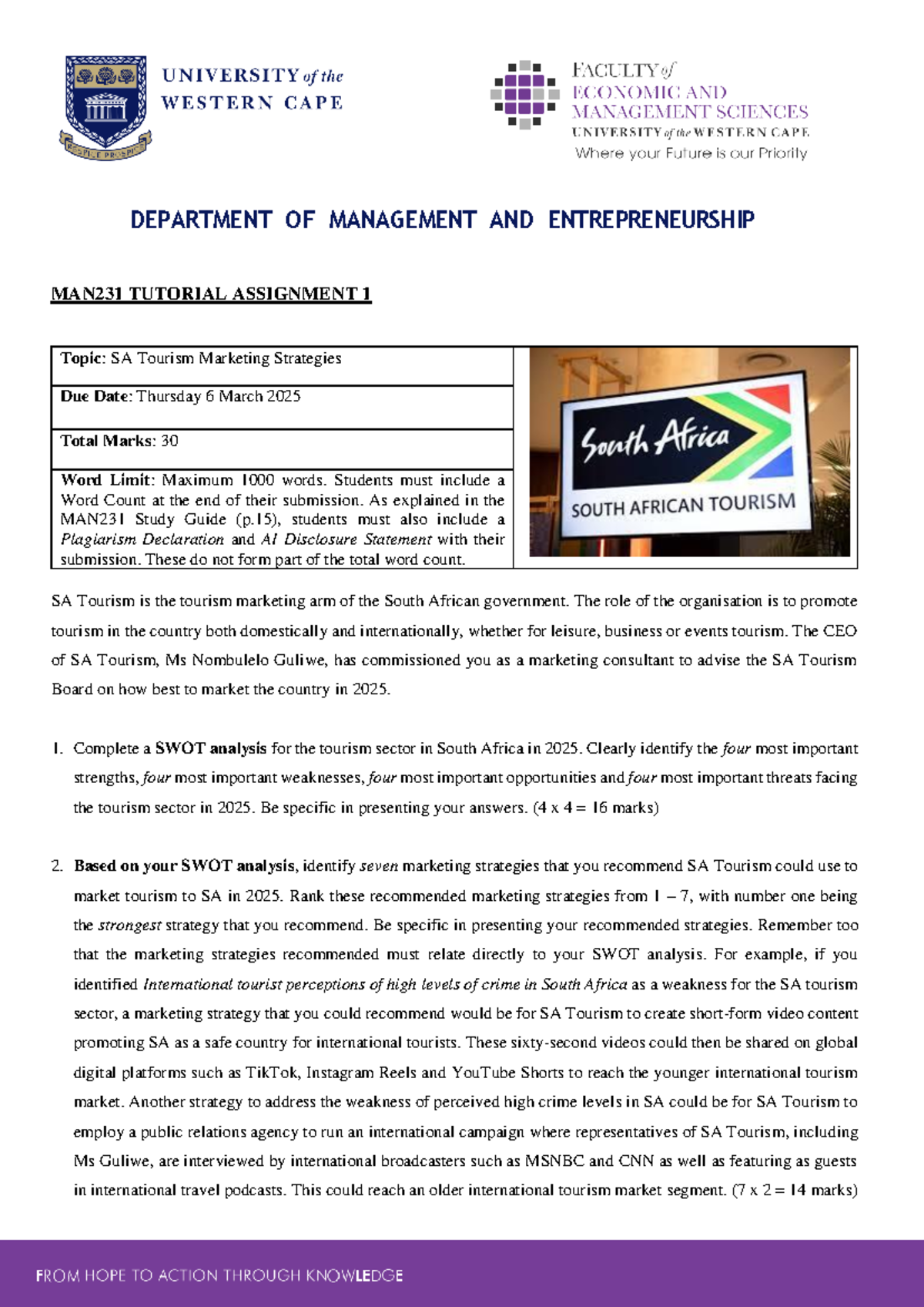 MAN231 Tutorial Assignment 1 2025 - DEPARTMENT OF MANAGEMENT AND ...