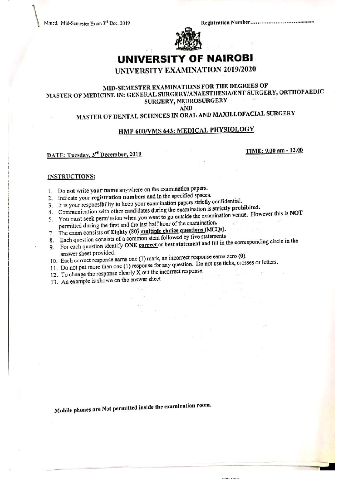 HMP 643: Medical Physiology Exam - 3rd Dec 2019 - Studocu
