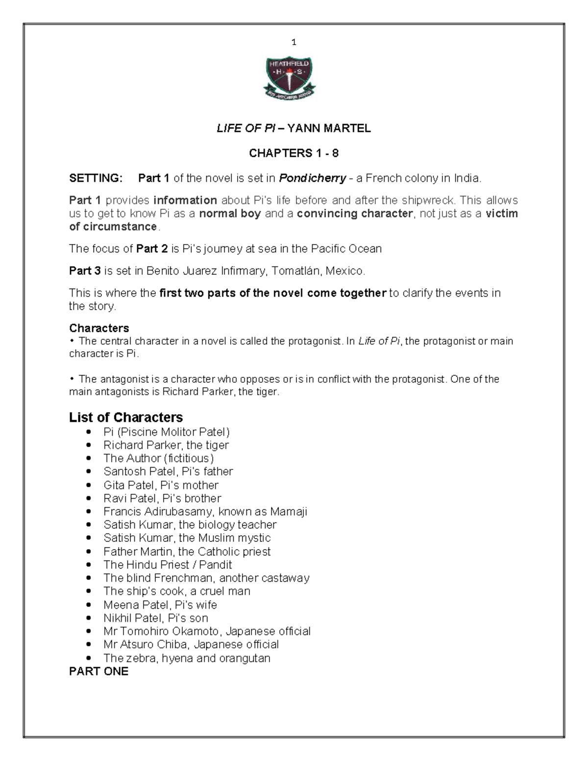Life of Pi (ENG 101) Chapter Summaries and Character Analysis (Ch. 1-8 ...