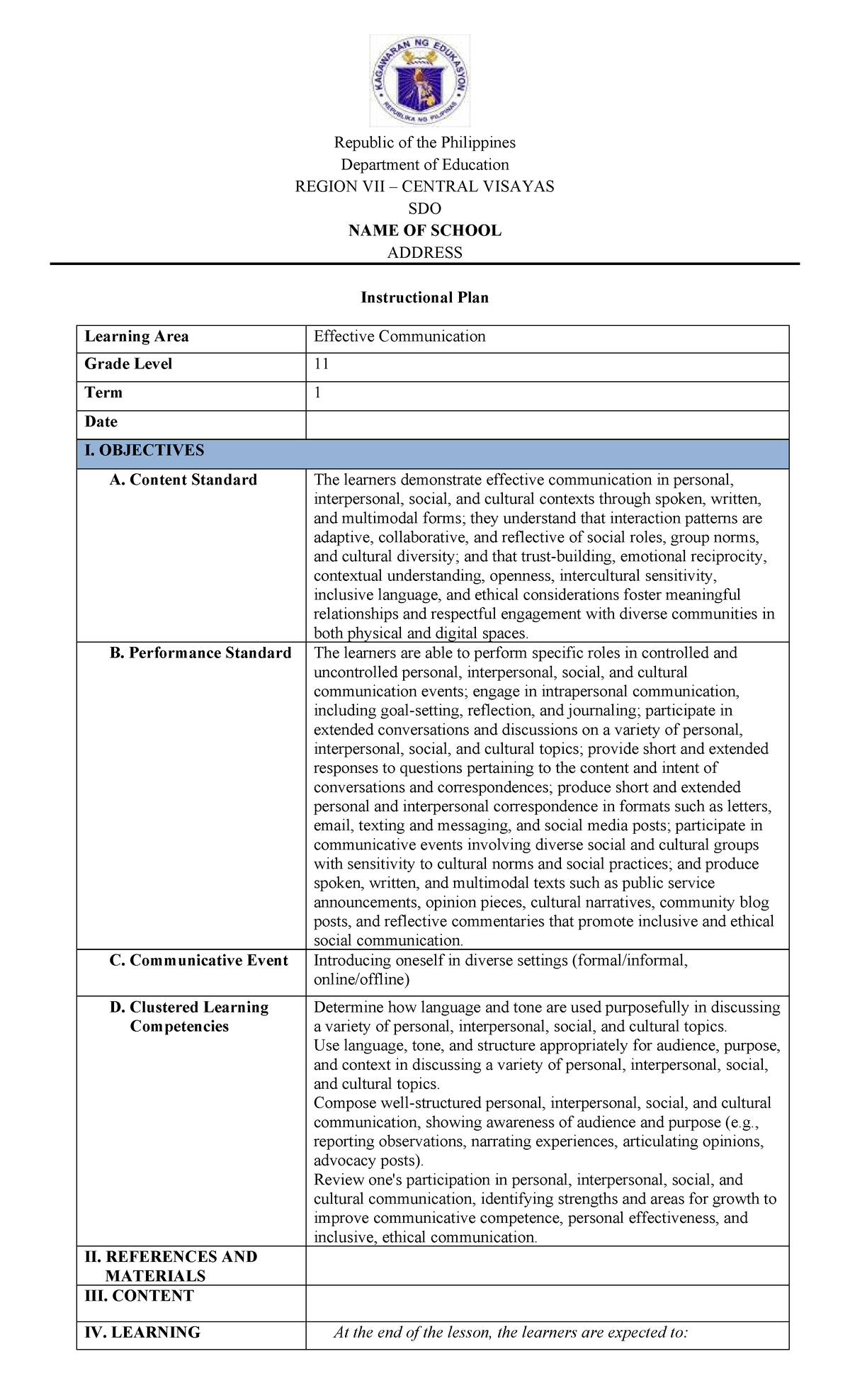 Effective Communication Lesson Plan (Grade 11, Term 1) - Studocu