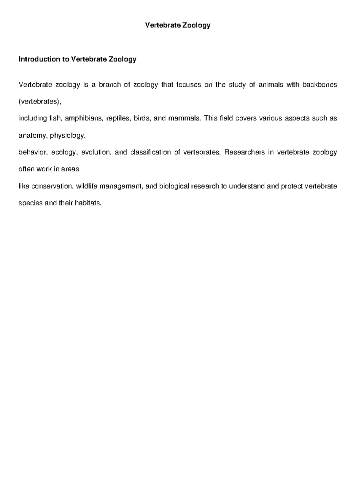 Vertebrate Zoology: An Introduction to Classification & Ecology - Studocu