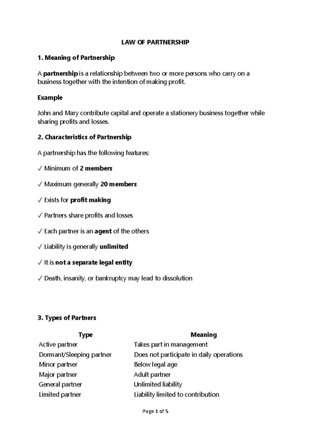 LAW OF PARTNERSHIP: Key Concepts and Characteristics - Studocu