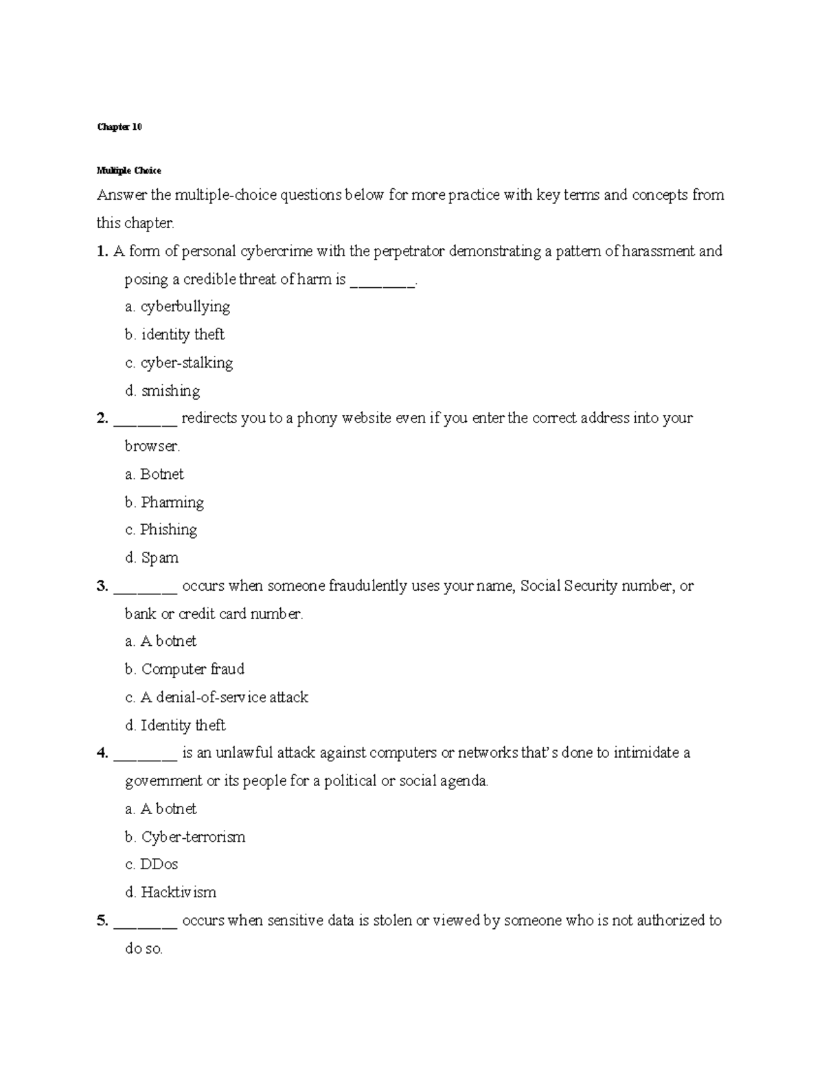 Cybersecurity CH10: Multiple Choice & True/False Practice Questions ...