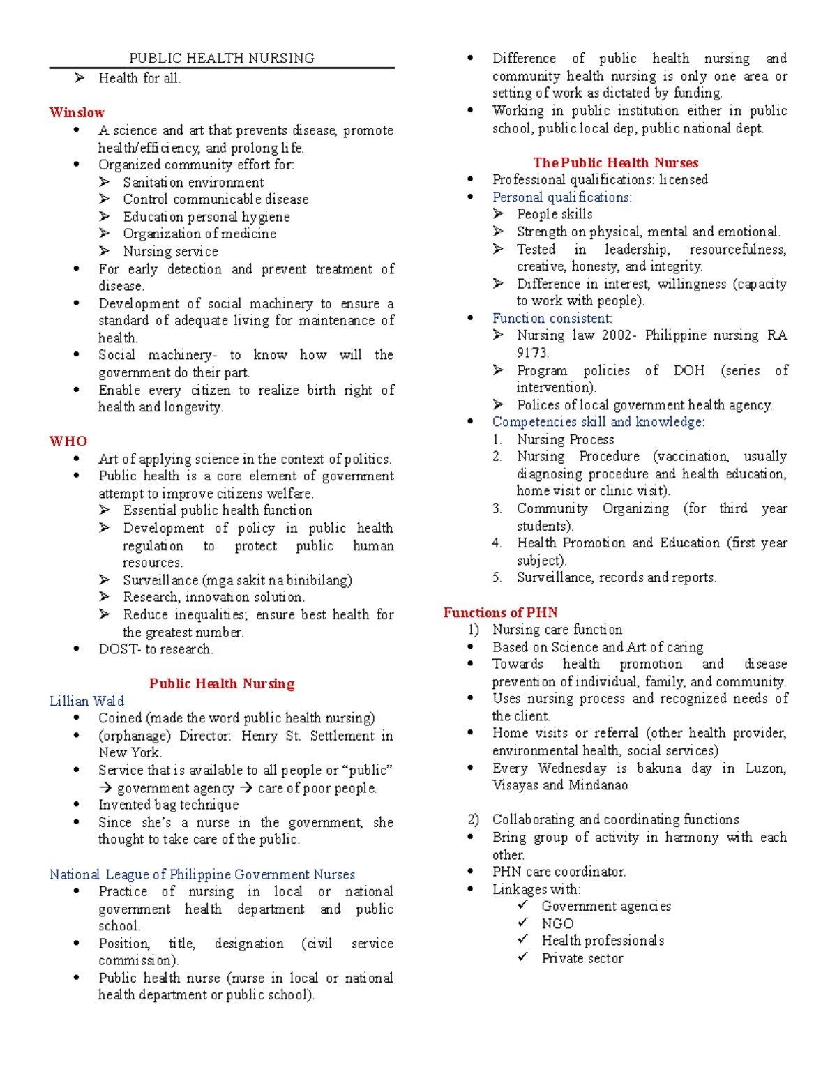 CHN- Public Health Nursing Overview and Functions - Studocu
