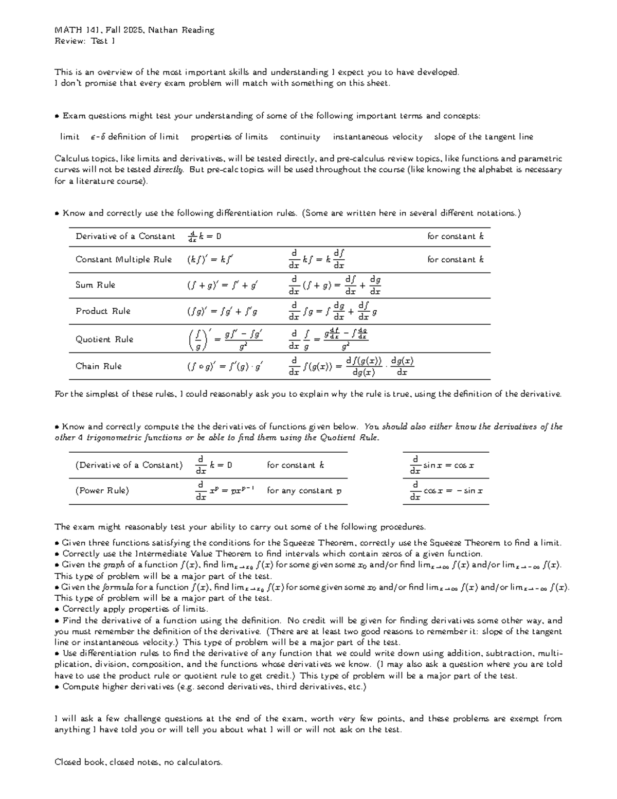 Math 141 Review Key Concepts For Test 1 Fall 2025 Studocu