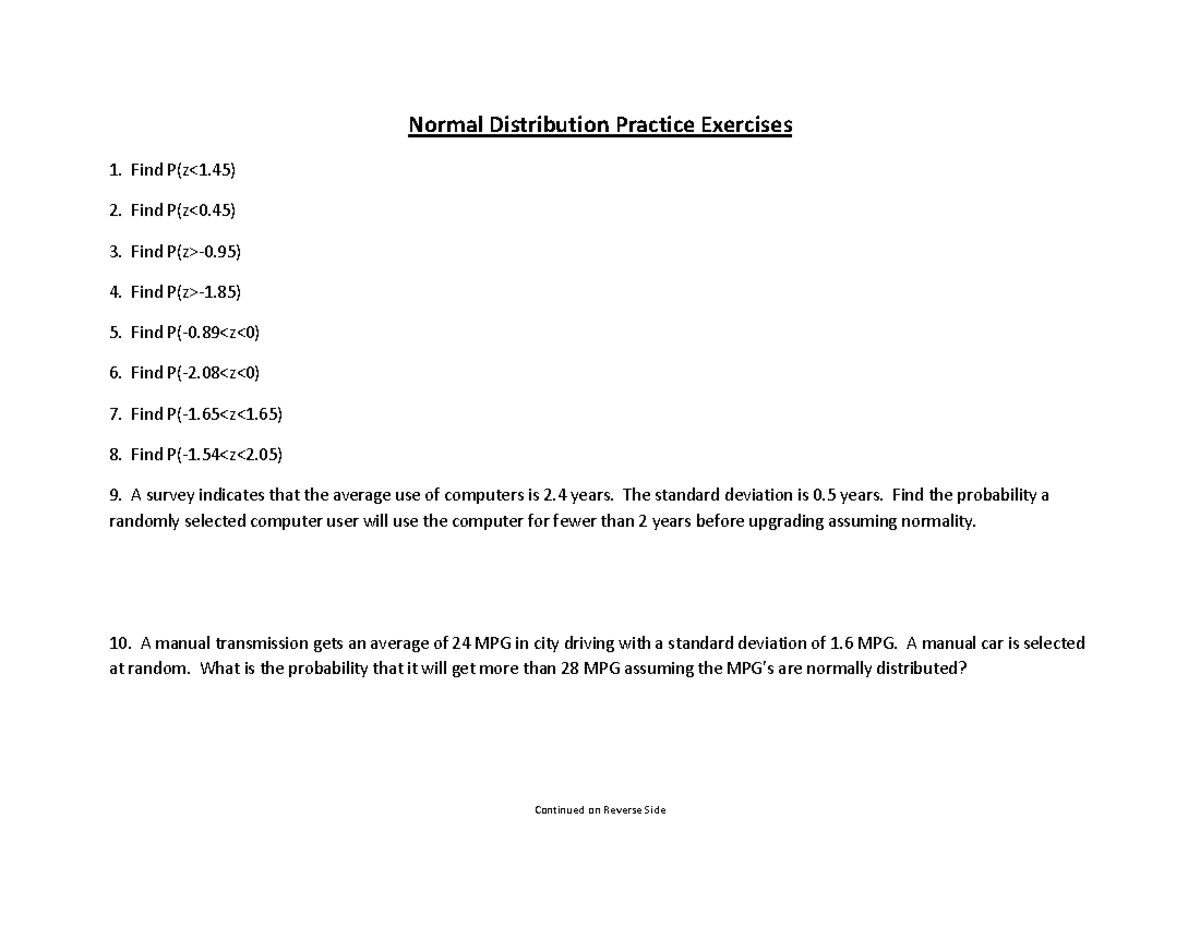 Normal Distribution Practice Exercises for Test #3 - Studocu