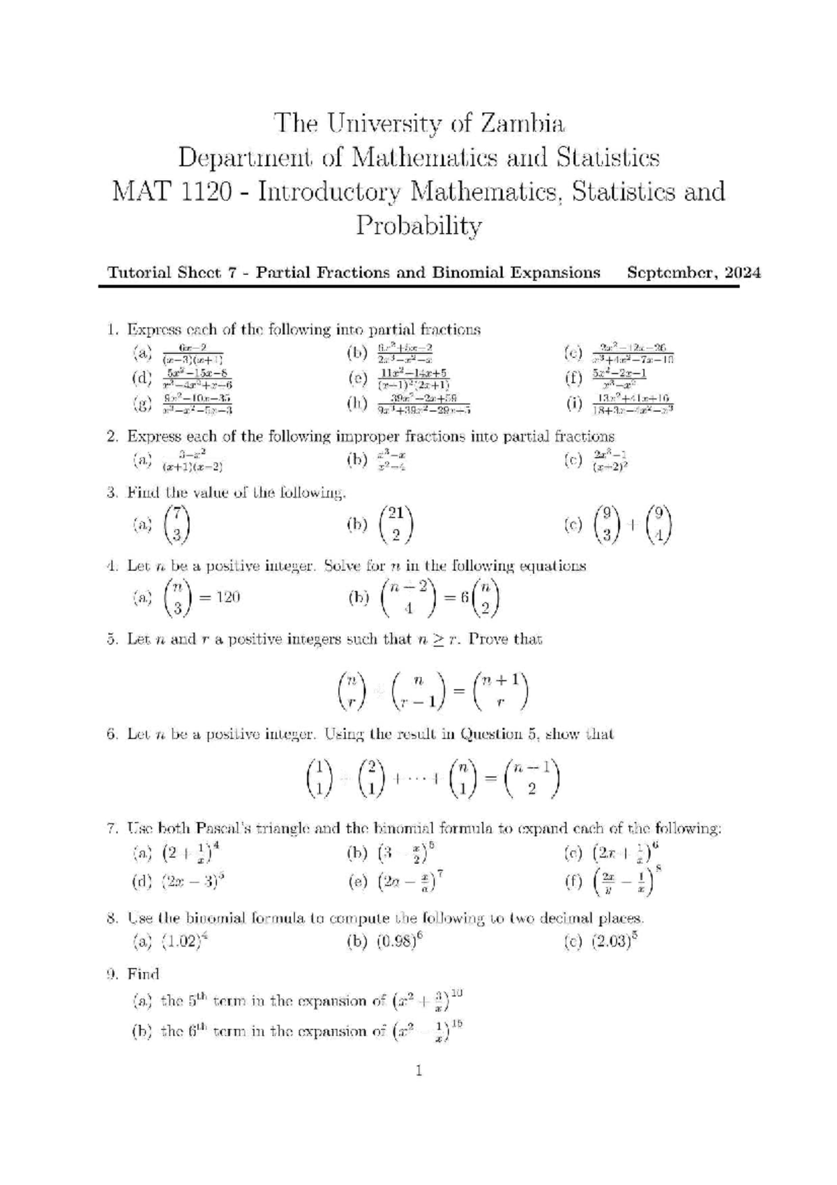 MATH 1120 Tutorial Sheet 7: Partial Fractions & Binomial Expansions ...