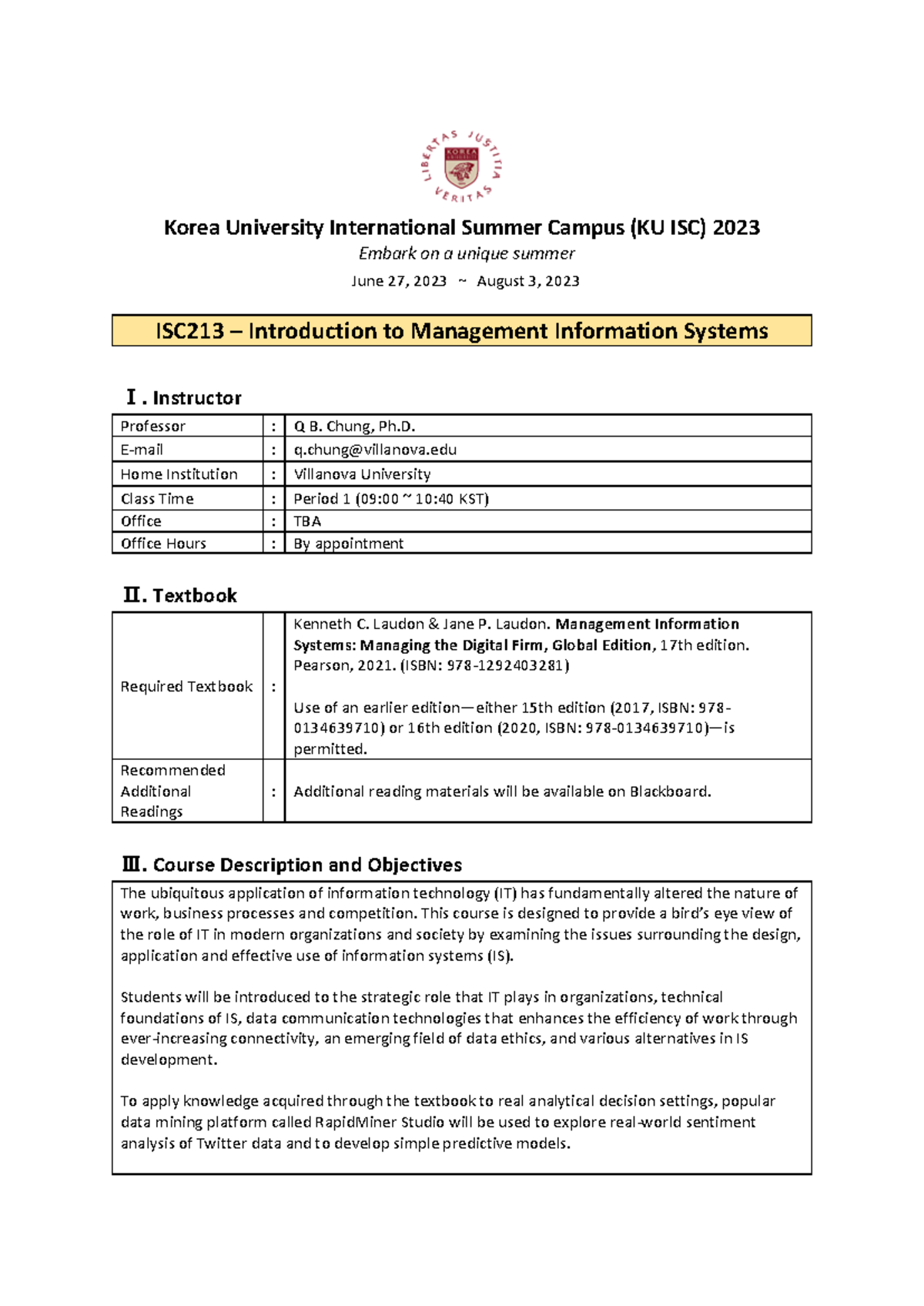ISC213 Syllabus for Introduction to Management Information Systems ...