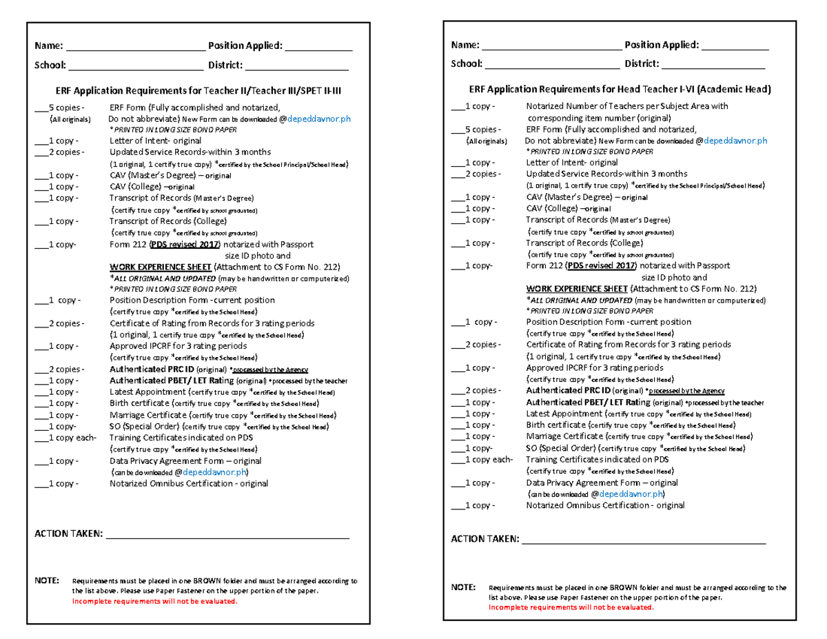 Updated-ERF- Checklist- Requirements- Teacher-II-III-ACAD-HT - Name