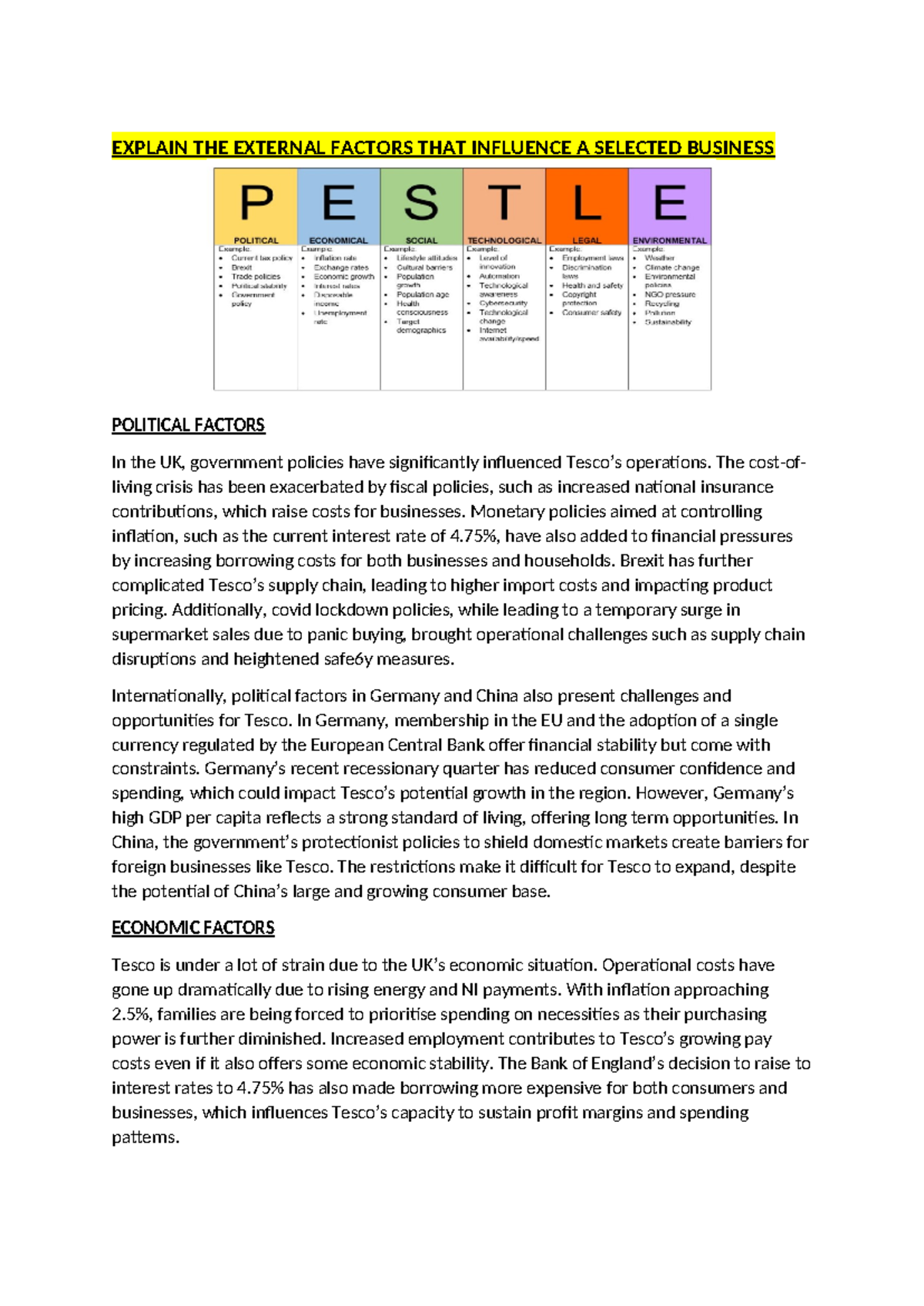 Template #1 Unit 5 P5 M3 - SWOT for tesco PESTLE - EXPLAIN THE EXTERNAL ...