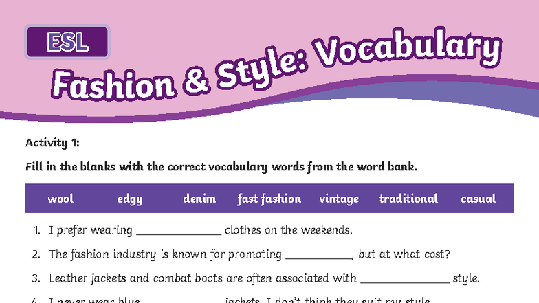 T-1683729232: Fashion Style ESL Activity for Teens (B1-B2) - Studocu