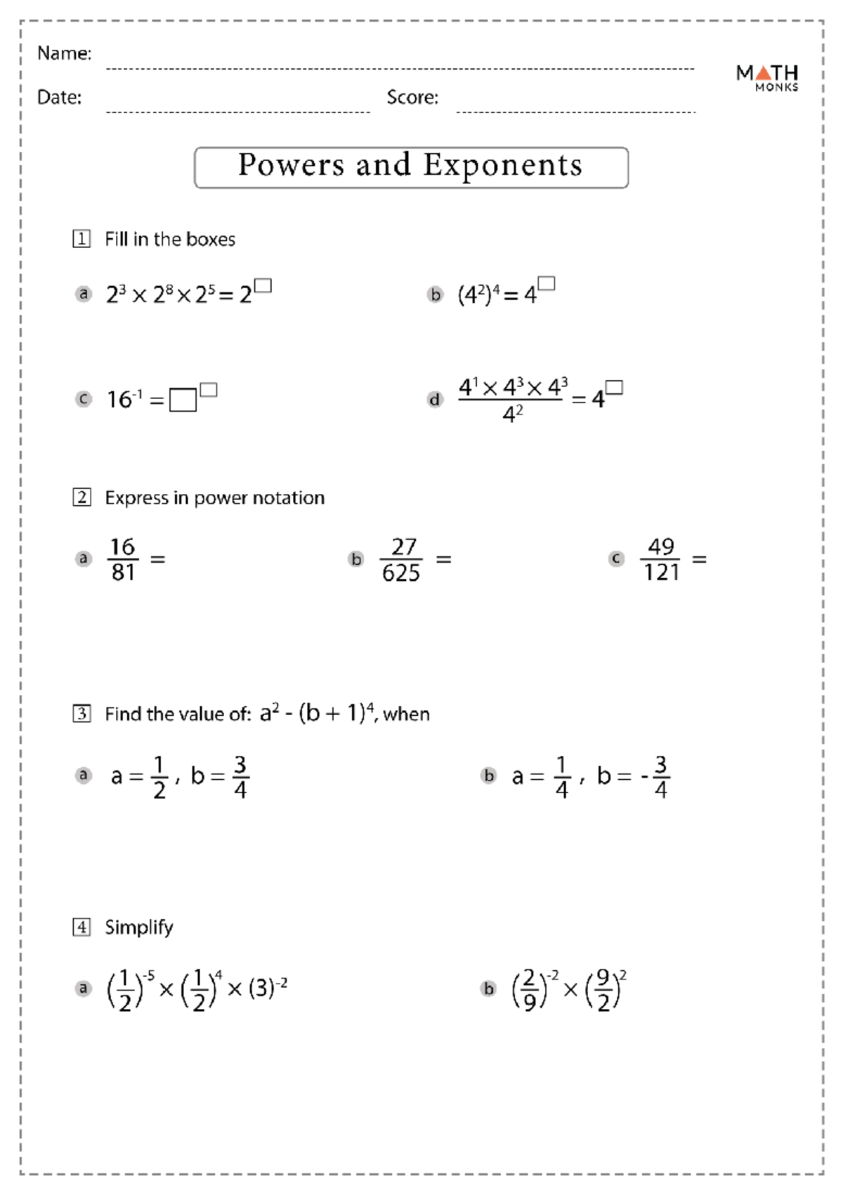 MATH 101: Properties of Exponents Worksheet with Answers - Studocu