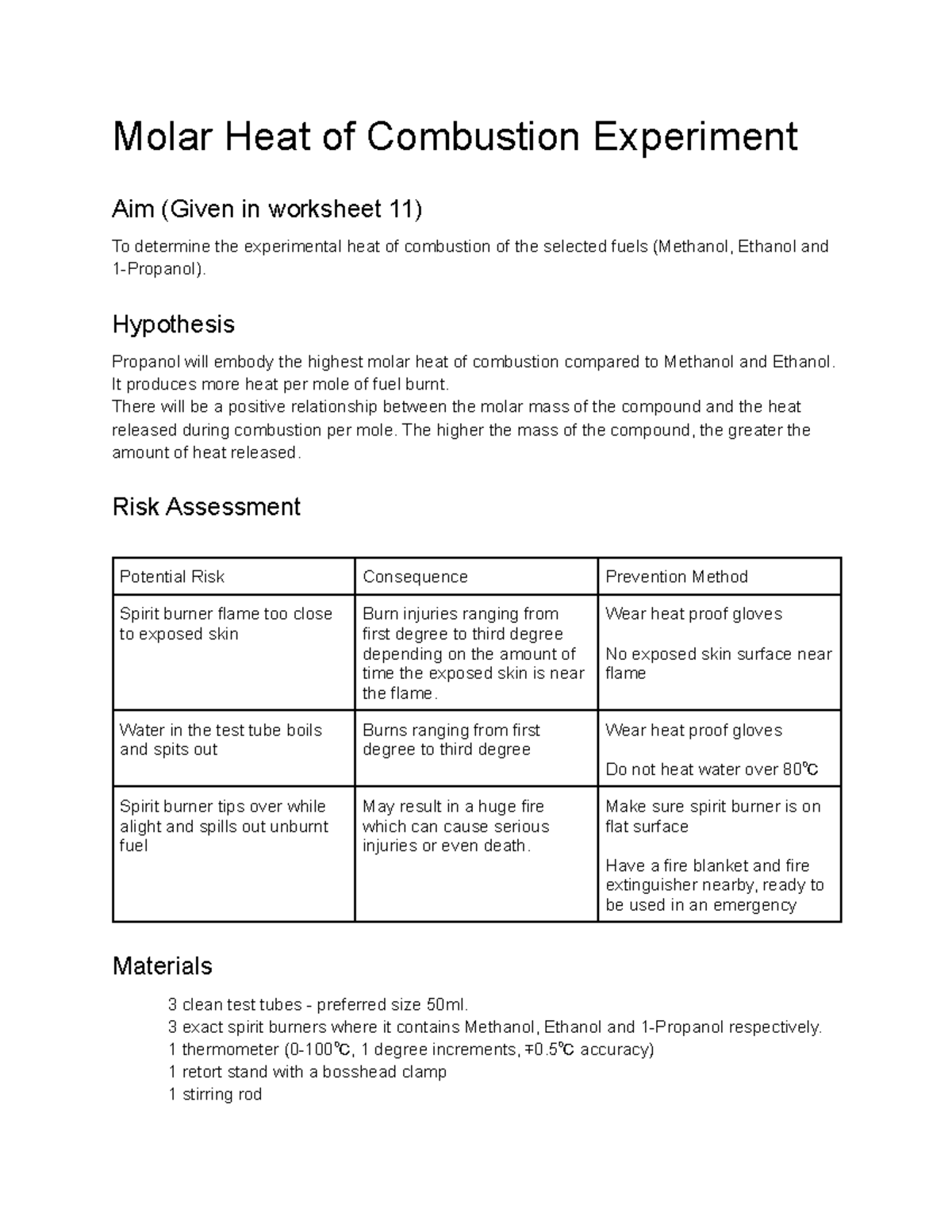 Heat of Combustion report - Molar Heat of Combustion Experiment Aim ...