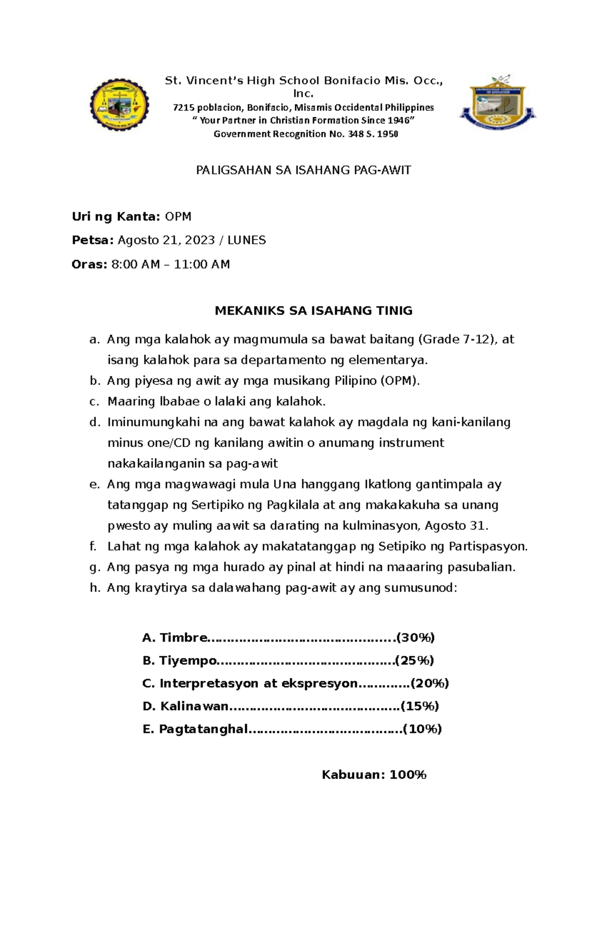 Alituntunin AT Pamantayan sa Paligsahan: OPM, Balagtasan, Sanaysay ...