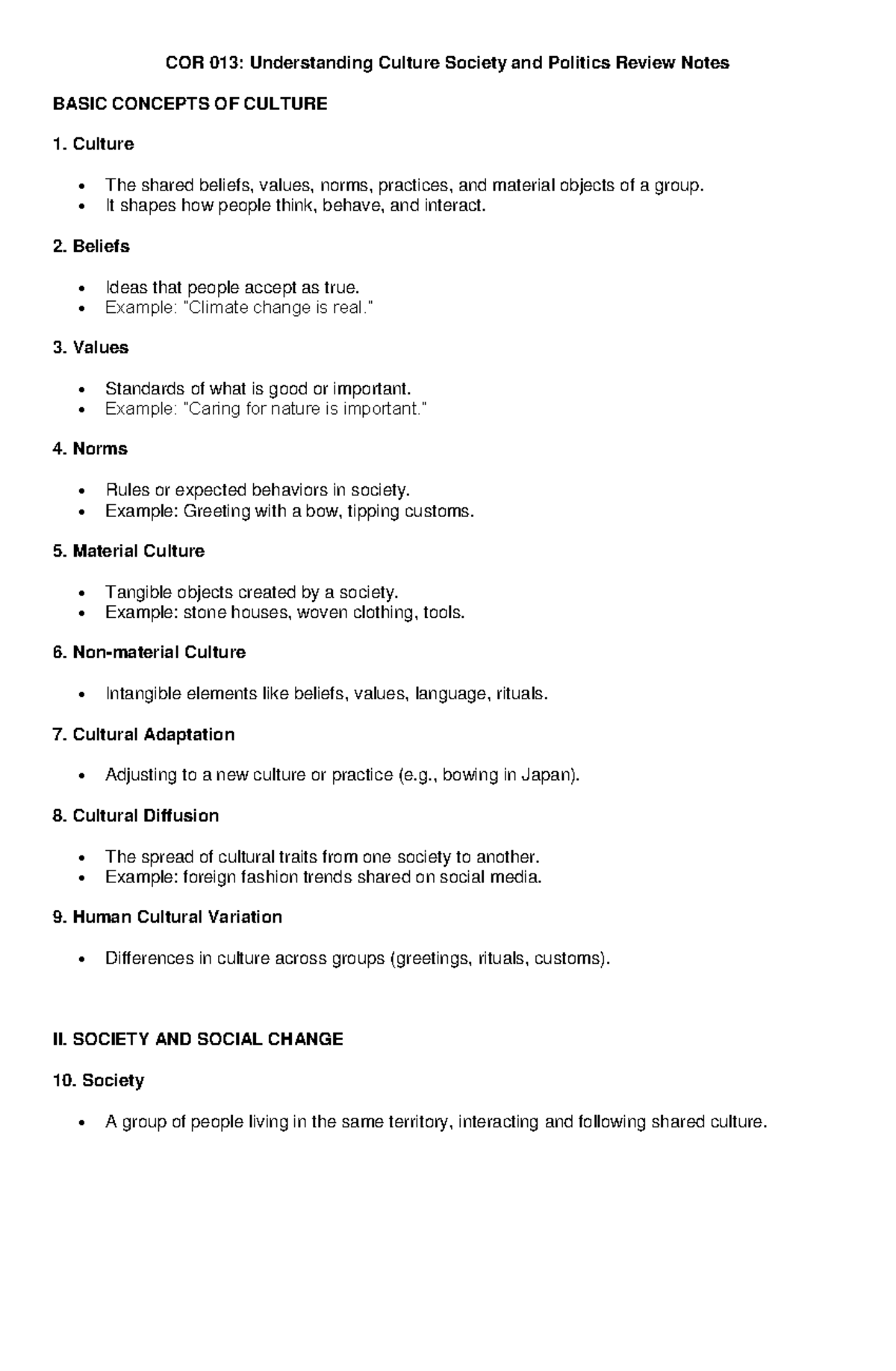 COR 013: Culture, Society, and Politics Review Notes - Studocu