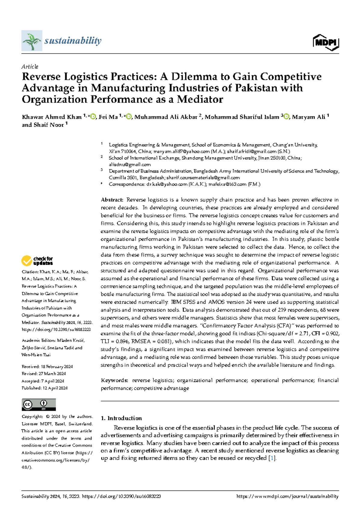 Reverse Logistics Practices and Competitive Advantage in Pakistan's ...