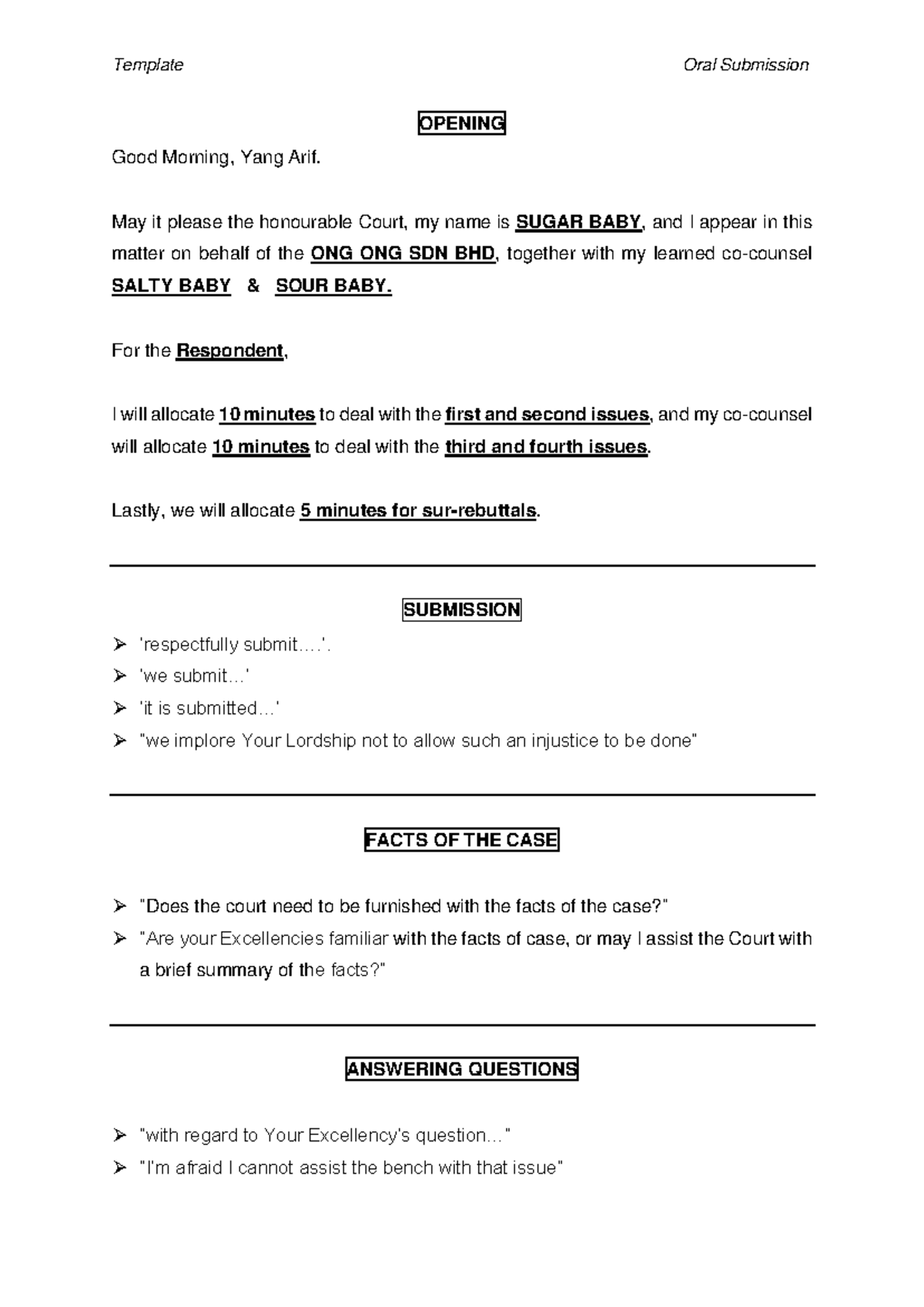 MOOT Court - ORAL Template Sample Script for Submission - Studocu