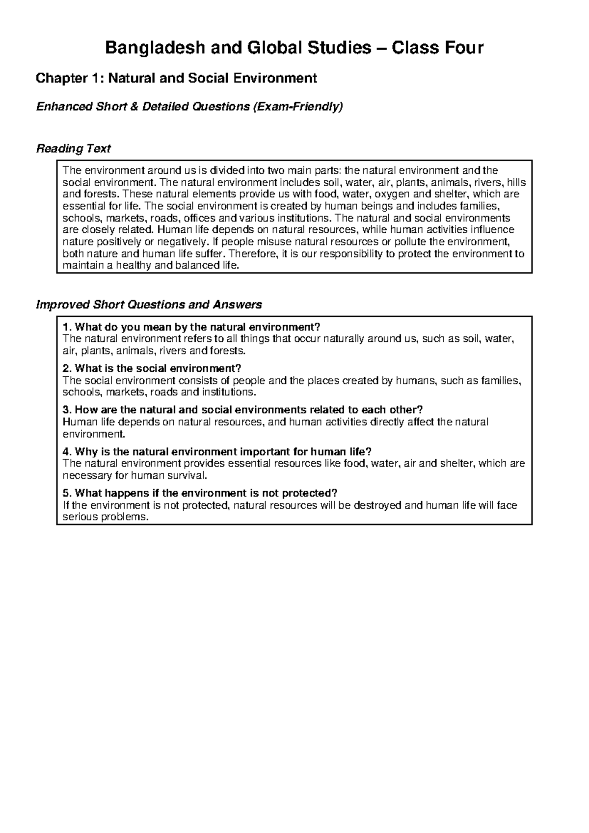 BGS Class 4 Chapter 1: Natural & Social Environment Q&A Guide - Studocu