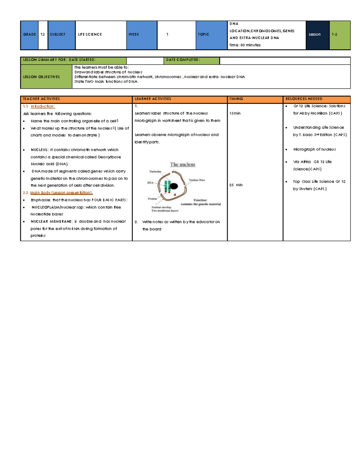 Grade 12 Life Science: Week 1 Lesson on DNA, Chromosomes & Genes - Studocu
