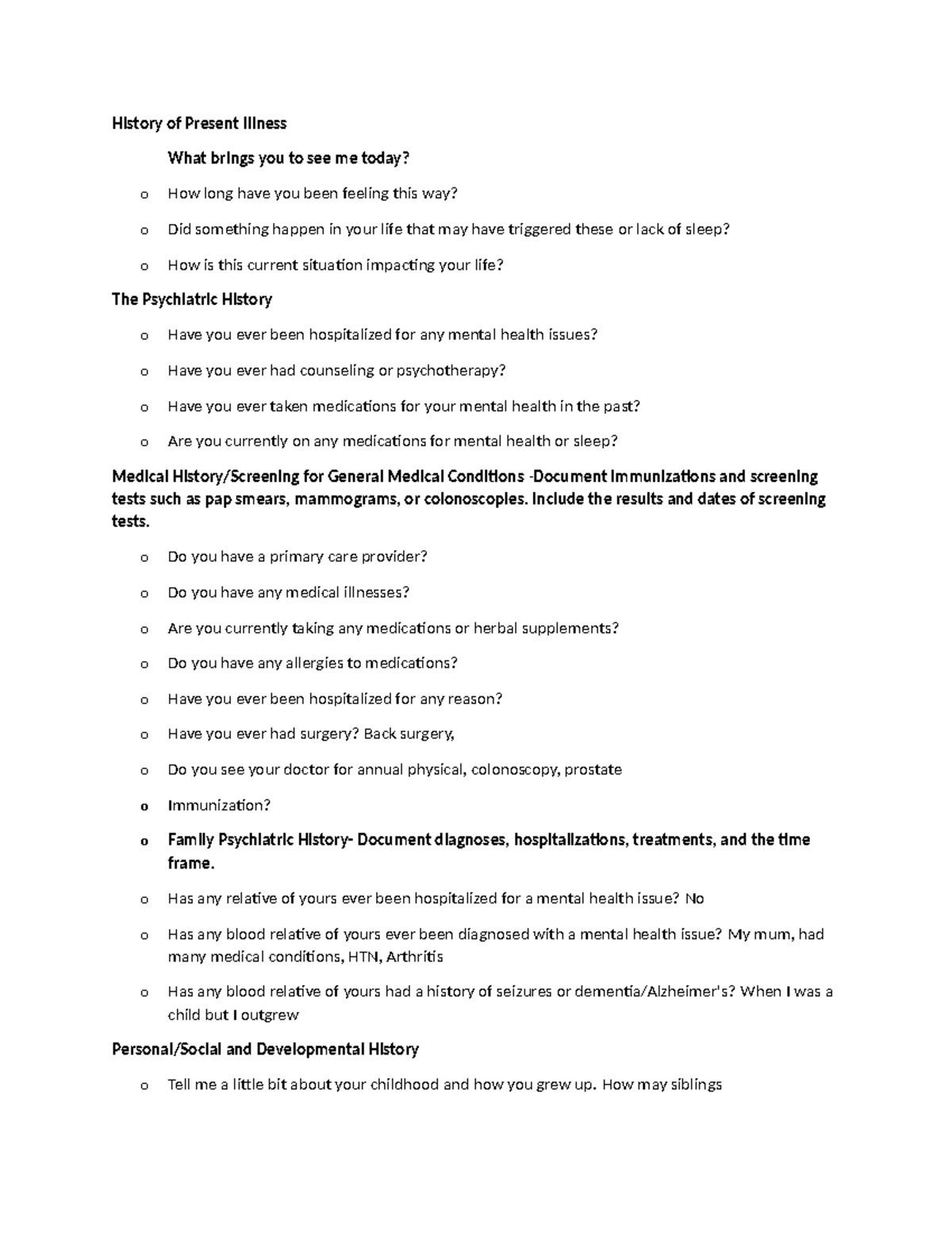 Nr548 Week 4 Interview Questions: History of Present Illness - Studocu