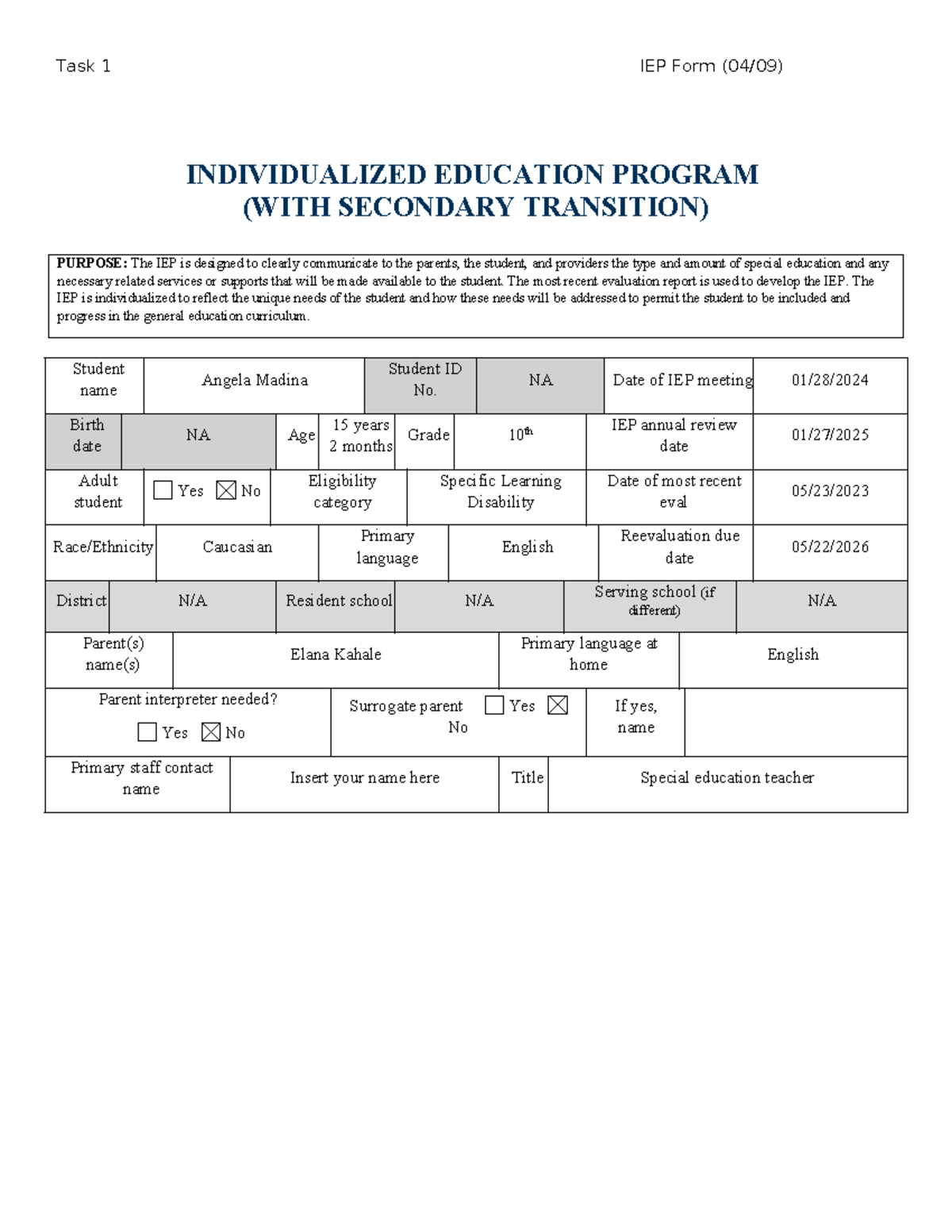 Blank IEP Form for Task 1 Completion - Special Ed Program - Studocu