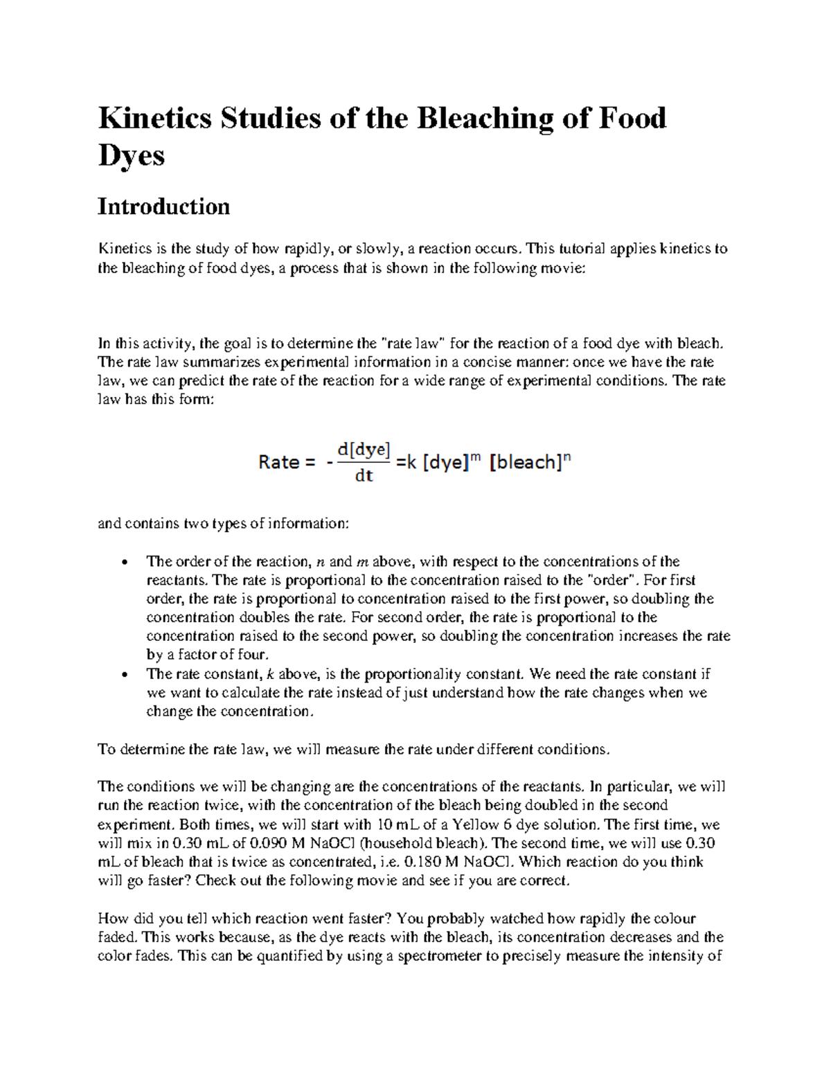 Kinetics Lab: Rate Law Determination for Red Dye & Bleach Reaction ...