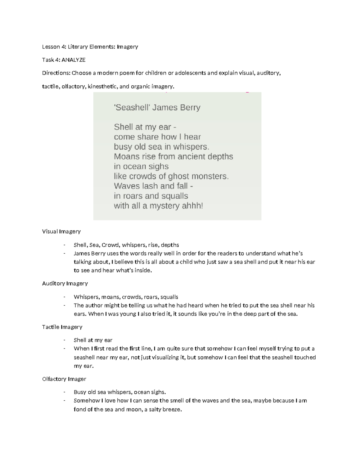 Lesson 4-Imagery - Imagery - Lesson 4: Literary Elements: Imagery Task ...