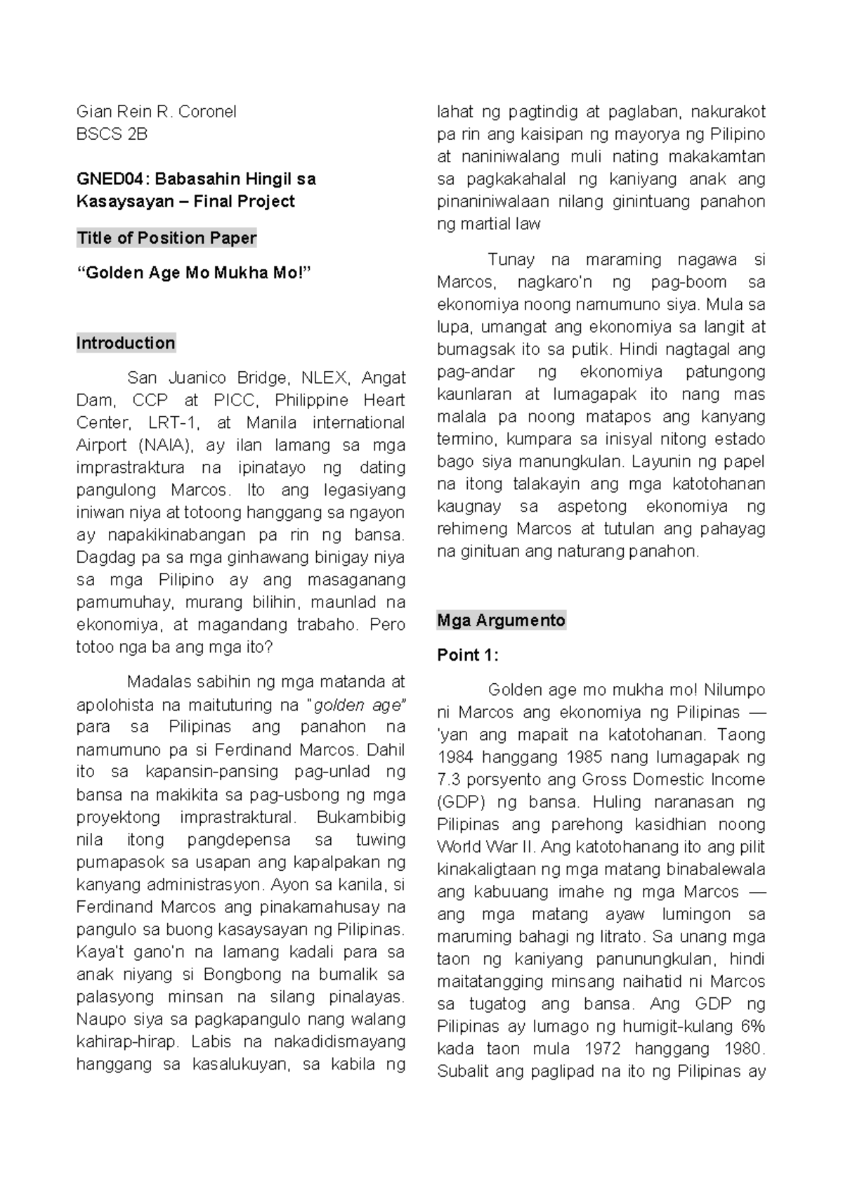 Position Paper on the Economic Legacy of Ferdinand Marcos (BSCS 2B ...