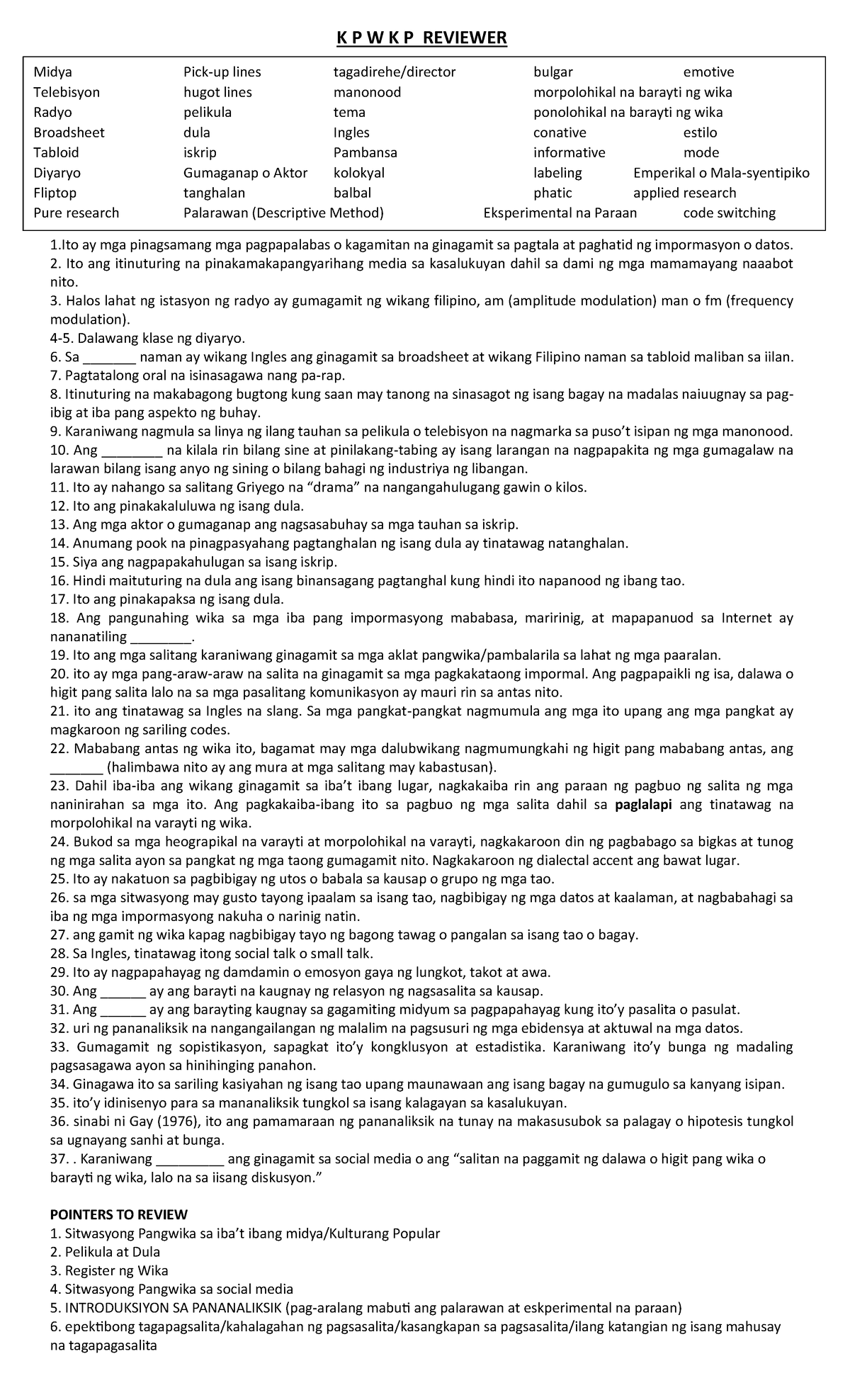 KPWKP Q2 EXAM Reviewer: Comprehensive Guide to Media and Language - Studocu