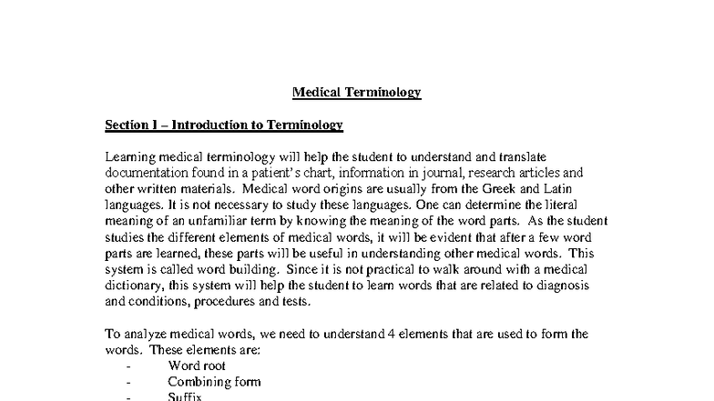 Medical Terminology 101: Section I - Intro to Word Elements - Studocu