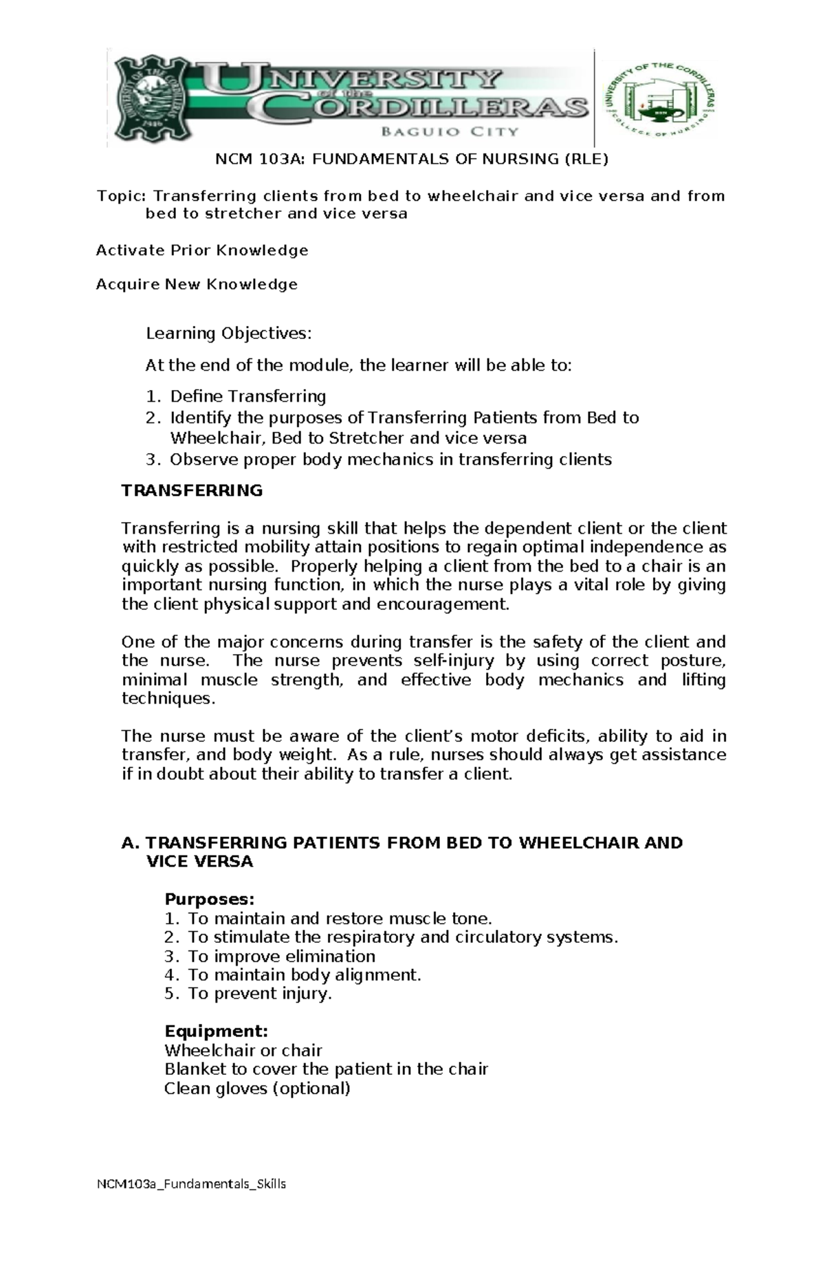Transferring Patients: NCM 103A Nursing Skills Guide and Techniques ...
